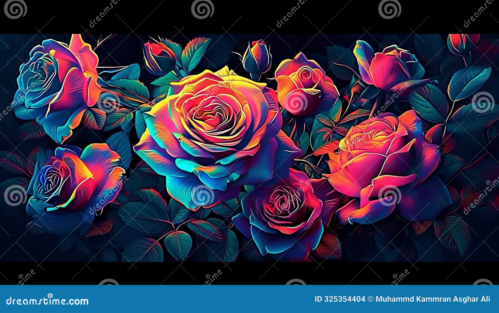 Colorful Roses and Dark Background, Retrowave Style Design Stock ...