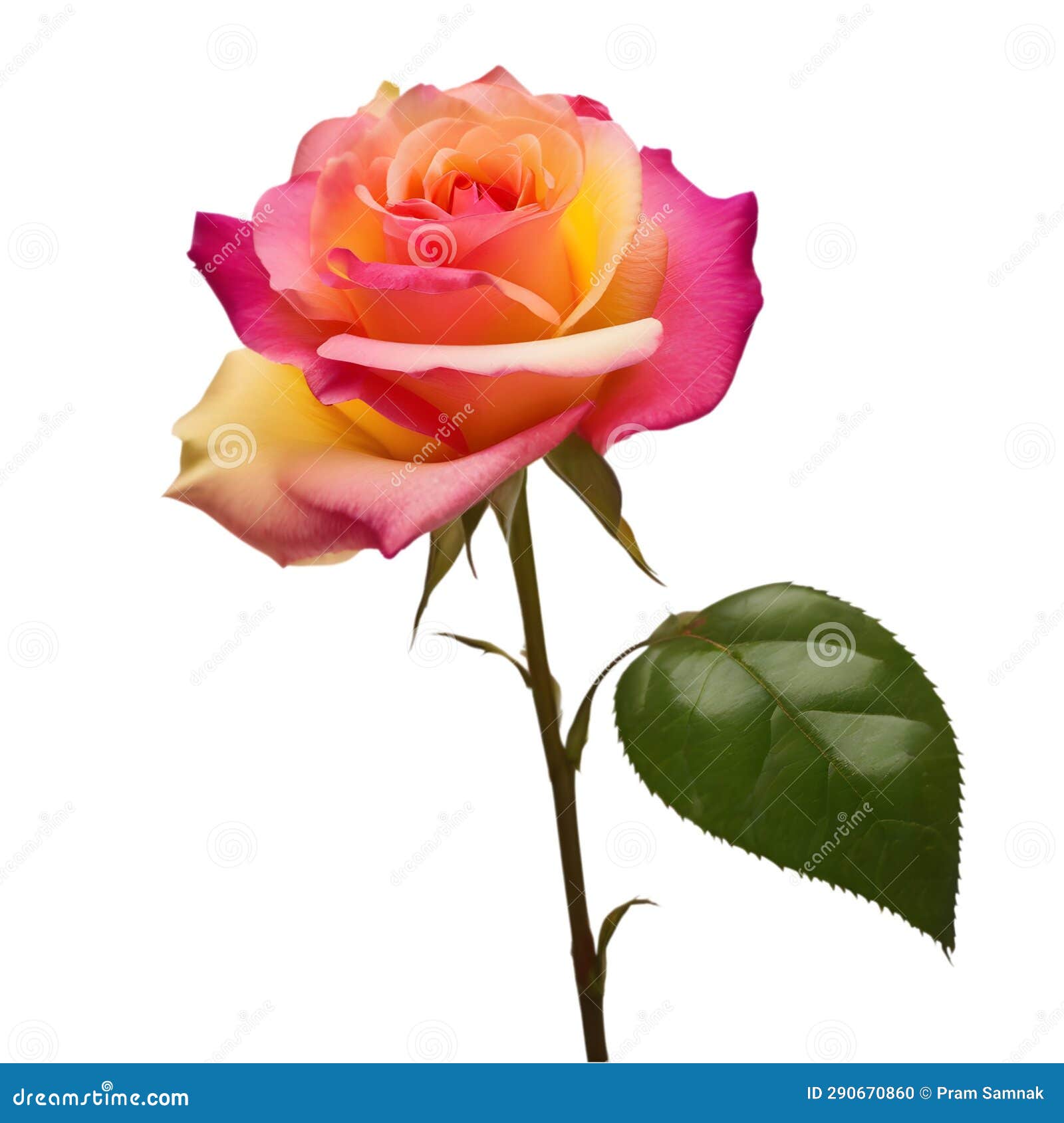 Colorful Roses On Its Stem With A White Background. AI-Generated. Stock ...