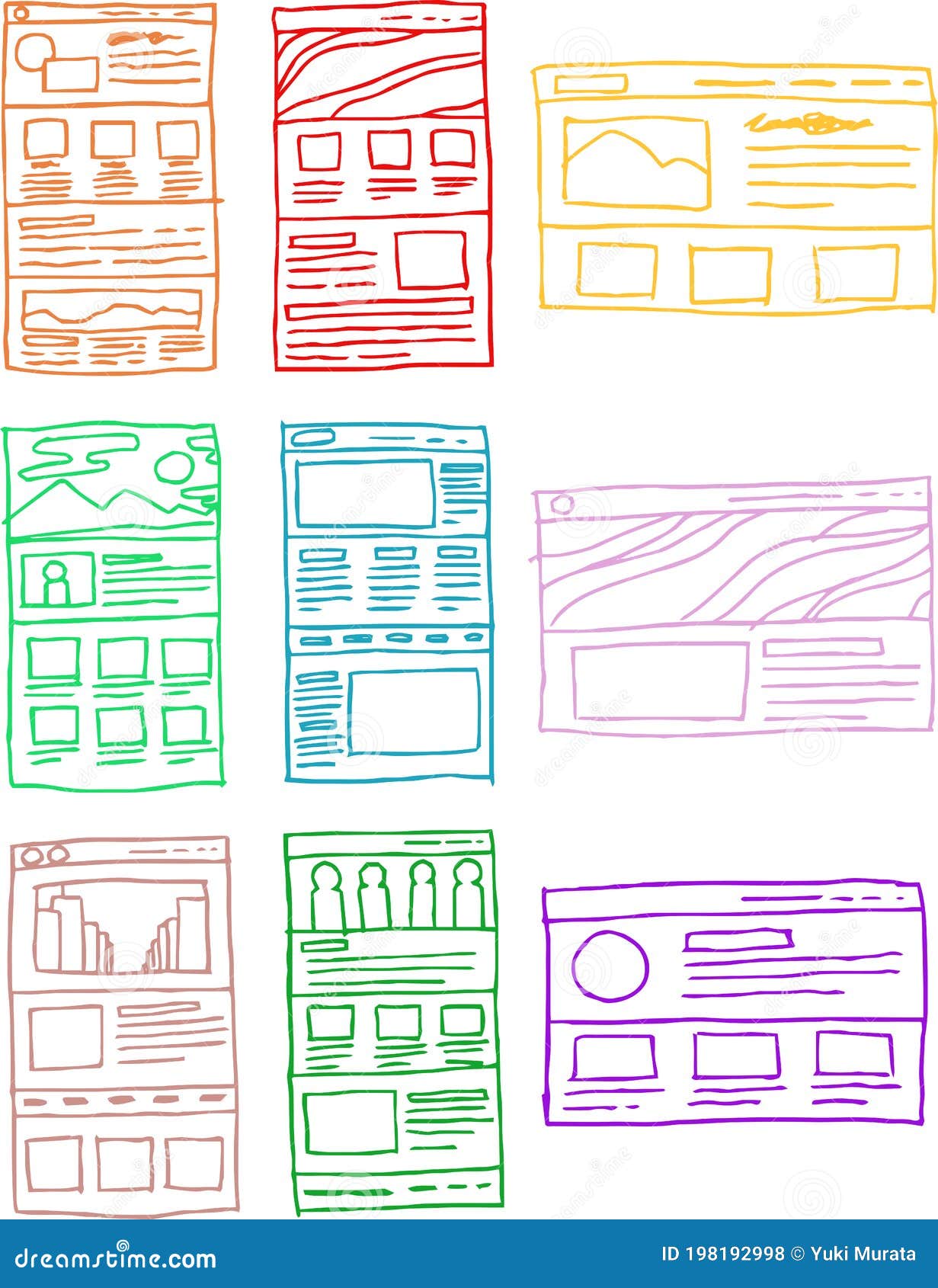 Colorful Rough Sketch of Website Mockup Set Stock Vector - Illustration ...