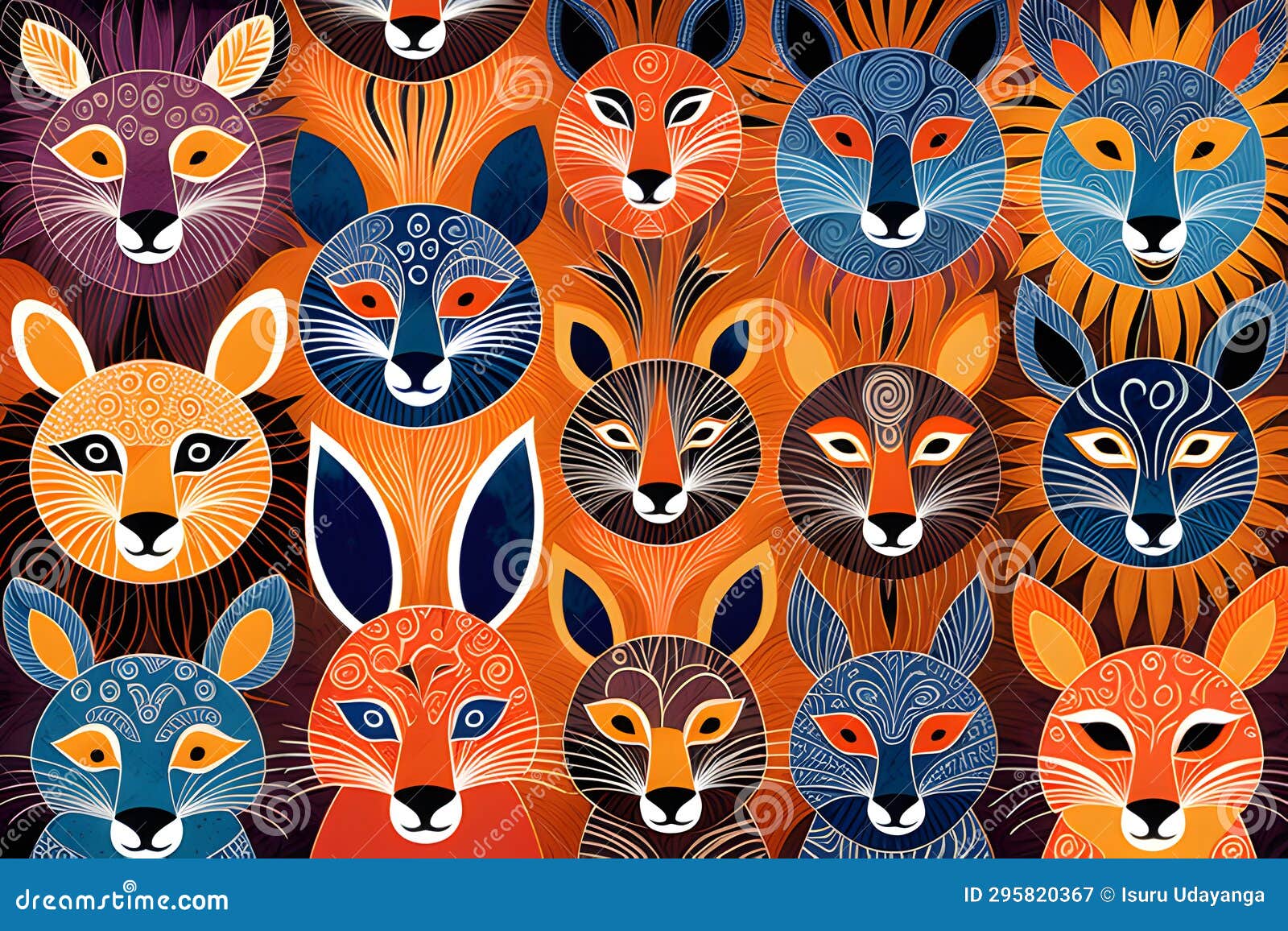 Colorful Round Animal Faces with Batik-inspired Patterns Stock ...