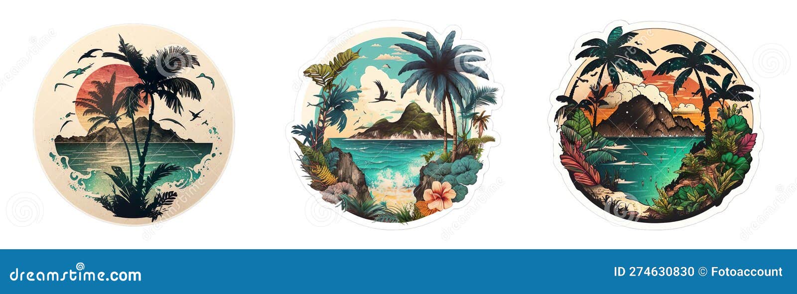 Colorful Round Sticker Set of Tropical Islands - Generative AI Stock ...