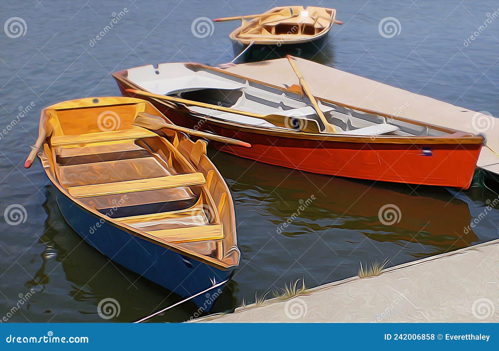 Colorful Row Boats with Oars Docked on Lake Stock Illustration ...