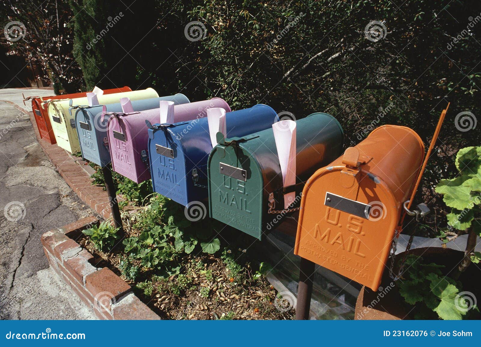 Colorful row of mailboxes editorial photo. Image of photograph - 23162076