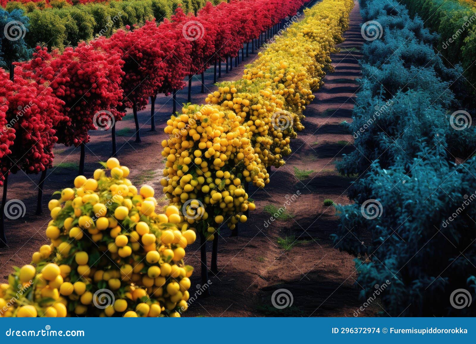 Colorful Rows of Fruit Trees Stock Illustration - Illustration of shrub ...