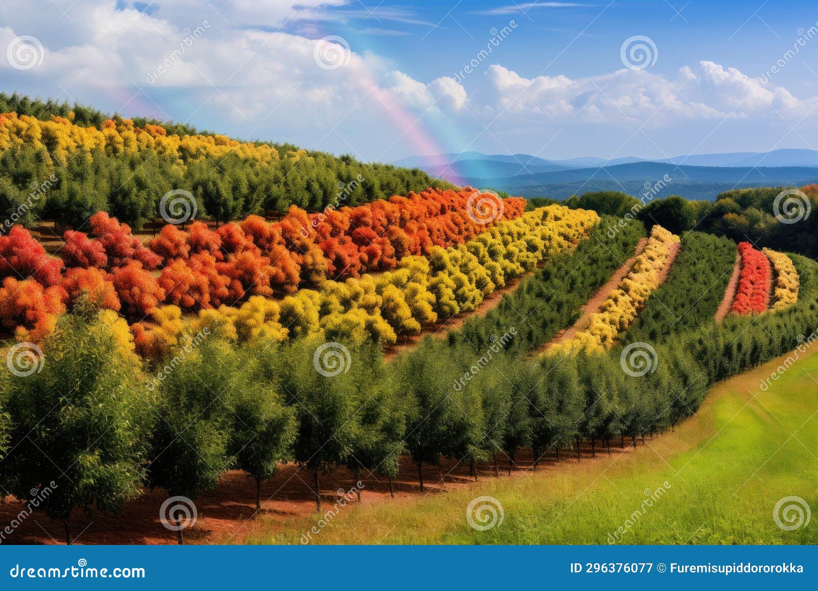 Colorful Rows of Fruit Trees Stock Illustration - Illustration of green ...