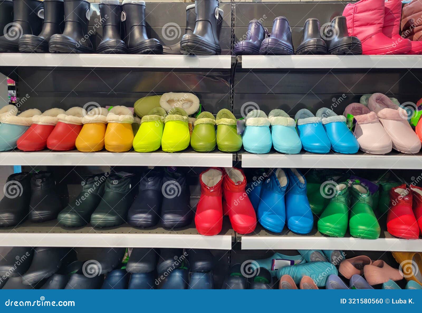 Colorful Rubber Galoshes with Fur are on the Shelf in the Store. Stock ...