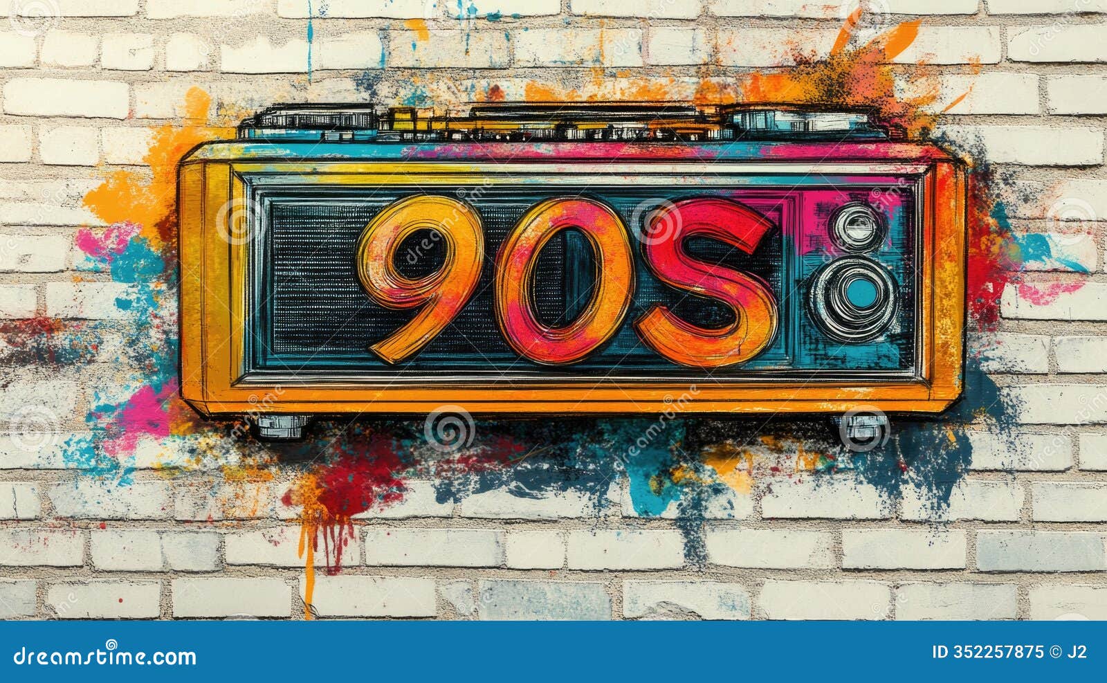 Colorful 90s Boombox Graffiti Art on Brick Wall Stock Image - Image of ...