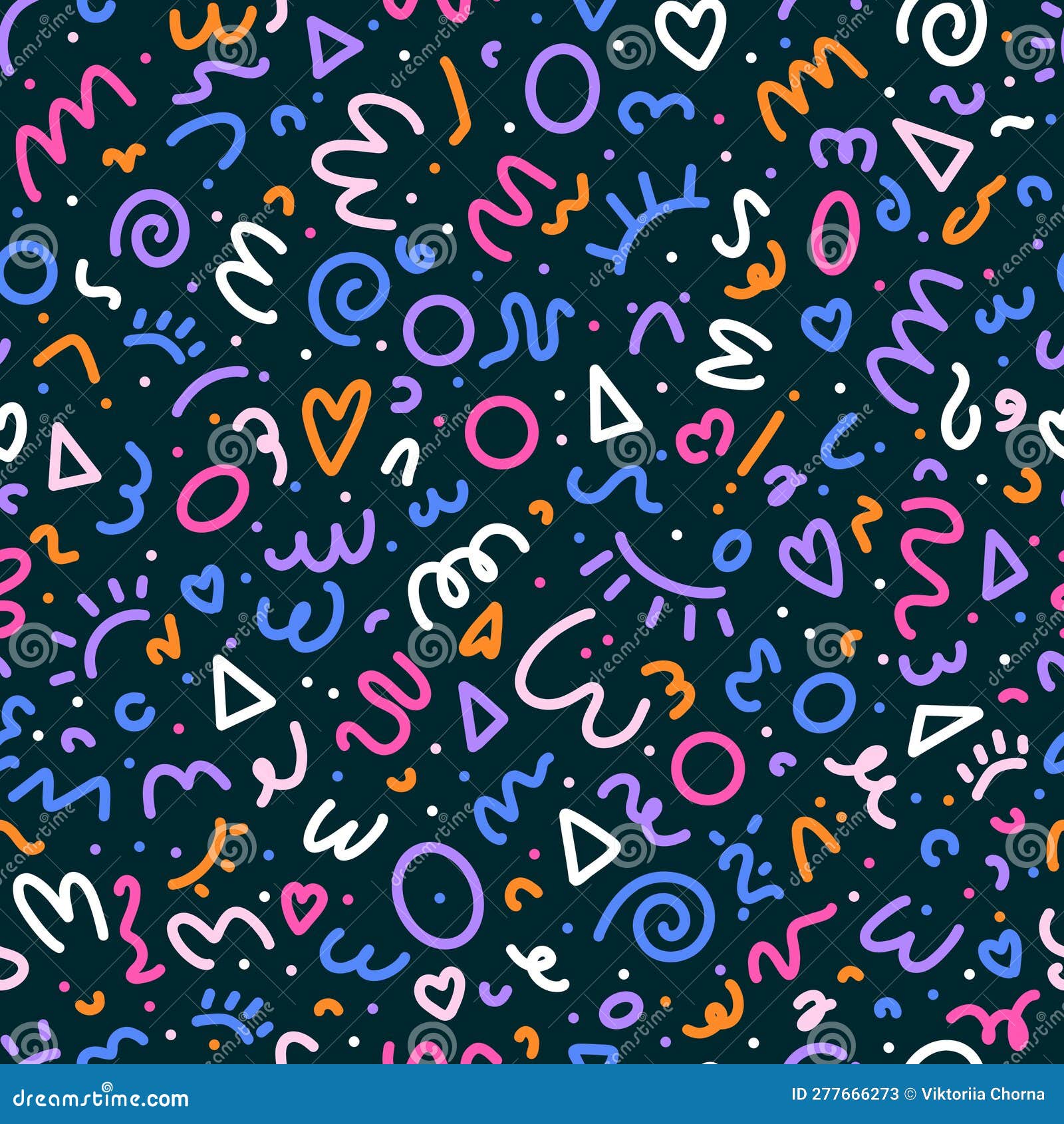 Colorful 90s Seamless Pattern. Squiggle Kid Background, Doodle ...