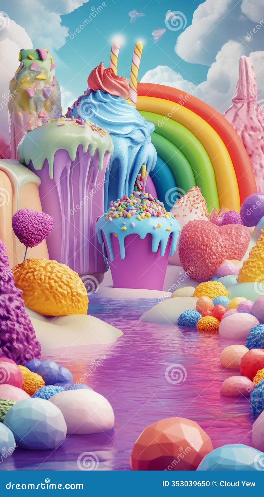A Colorful Scene of a Candy Land with a Rainbow River Stock ...