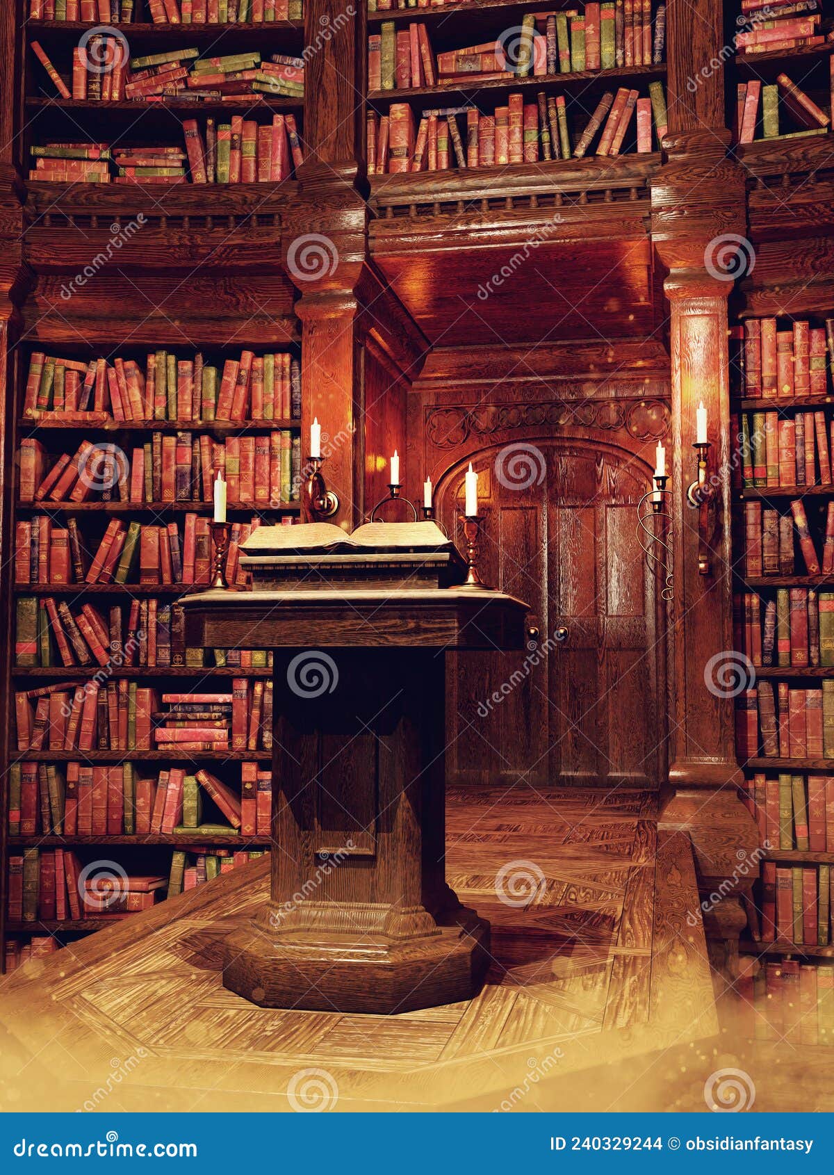 Old Library with a Book Stand and Candles Stock Illustration ...