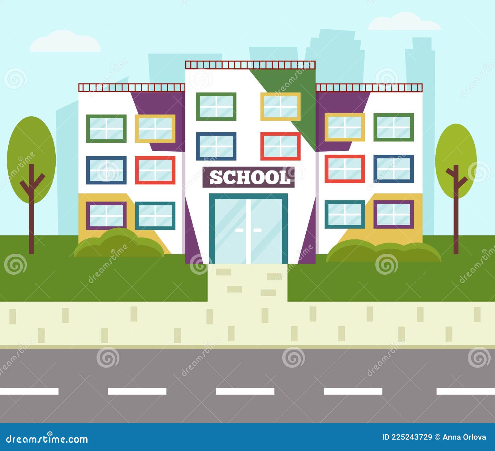 Colorful School Building. Flat Vector Illustration Cartoon Style Stock ...