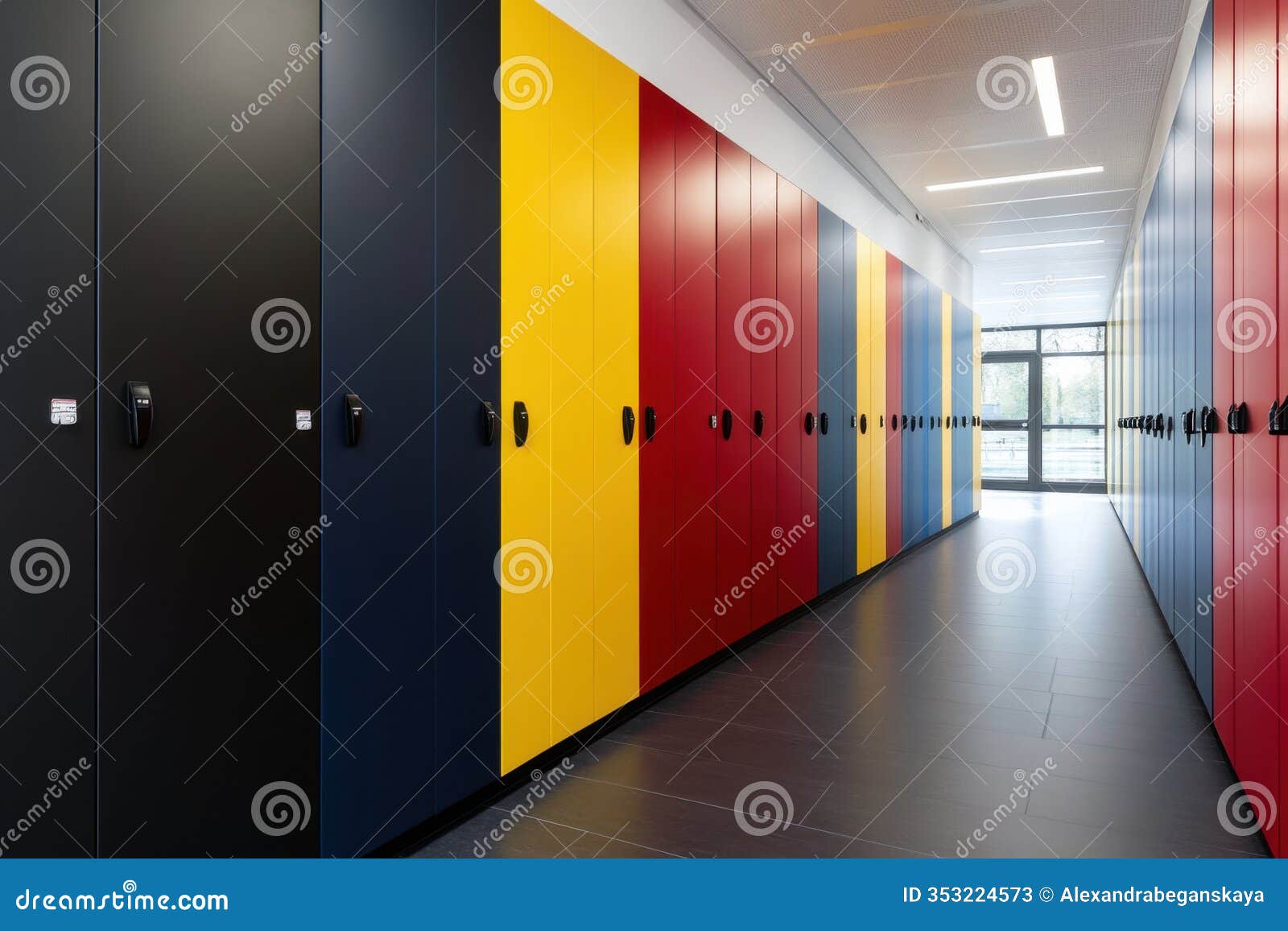 Colorful School Lockers in Modern Hallway Interior Design for Storage ...