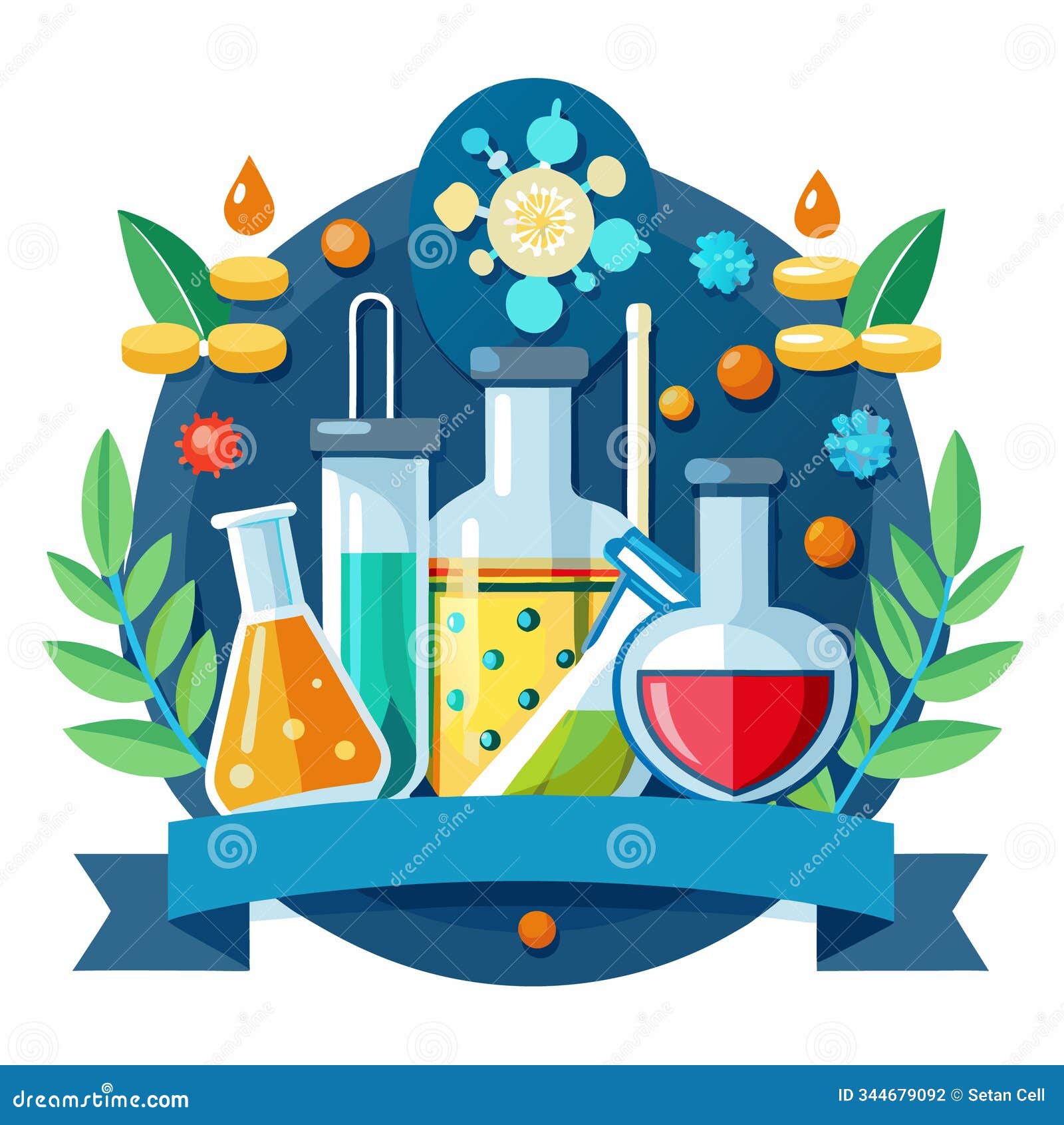 Colorful Science Illustration with Beakers, Flasks, and a Banne Stock ...
