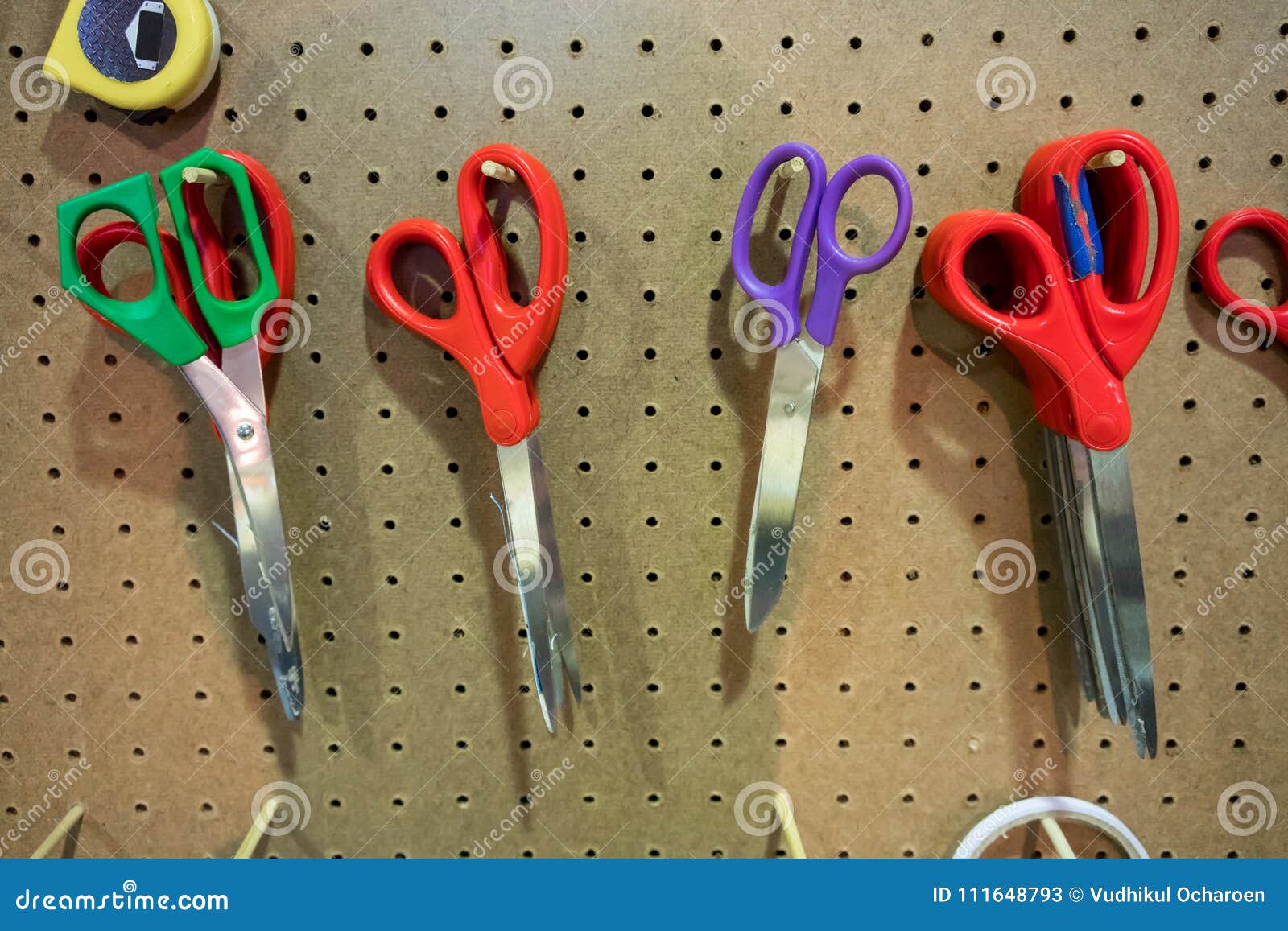 Colorful Scissors Hanging on Wooden Wall in a Classroom Stock Image ...