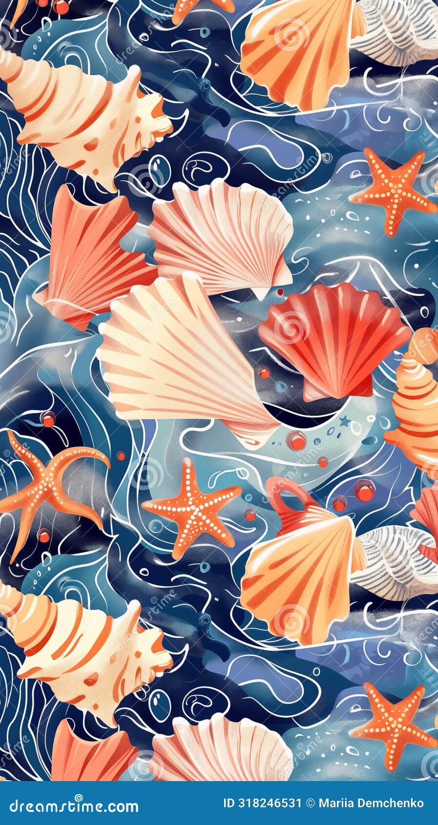 Colorful Sea Shells, Starfish, and Wave Patterns on Blue Background ...