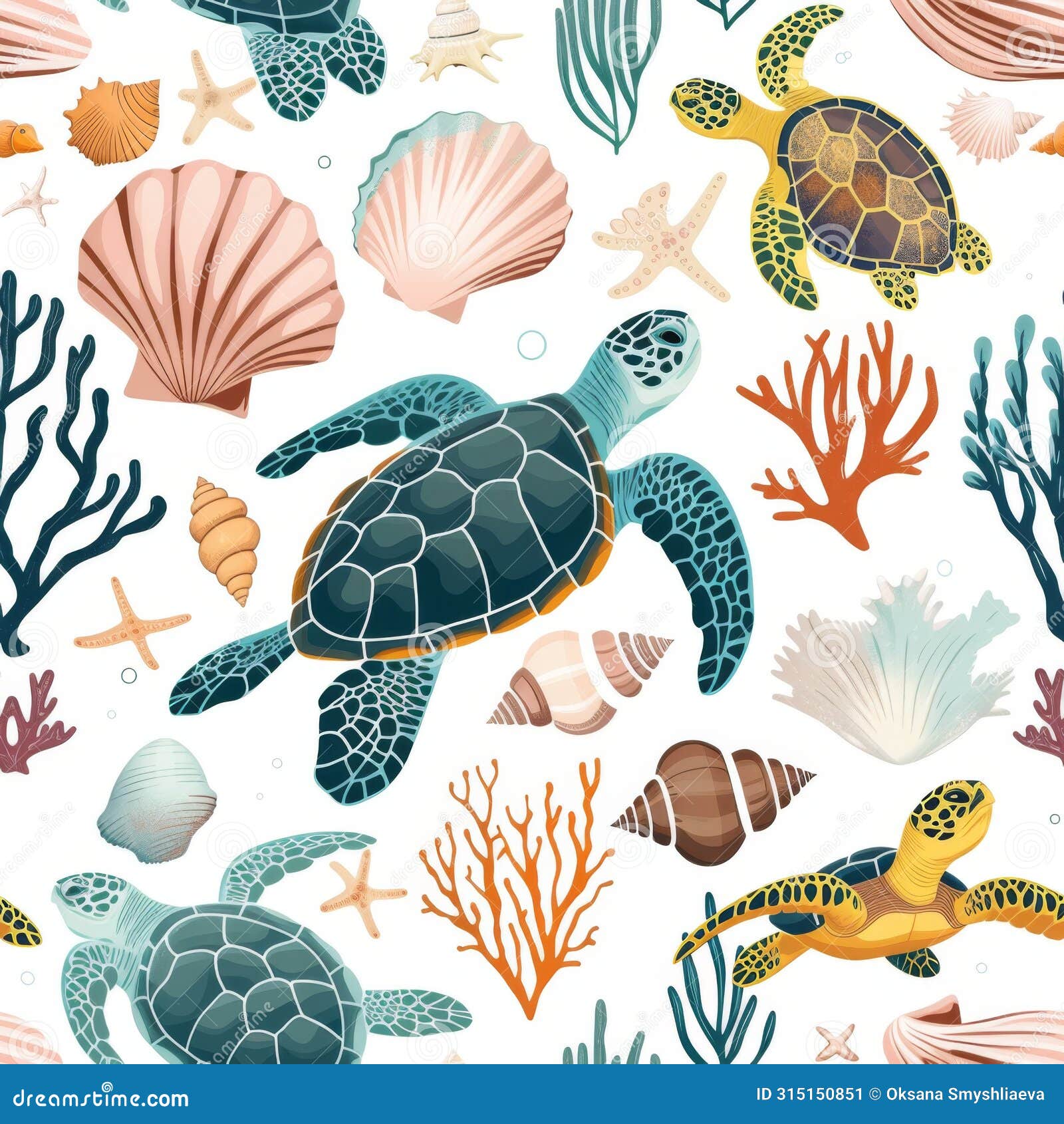 Colorful Sea Turtle and Marine Life Pattern Illustration Stock Image ...
