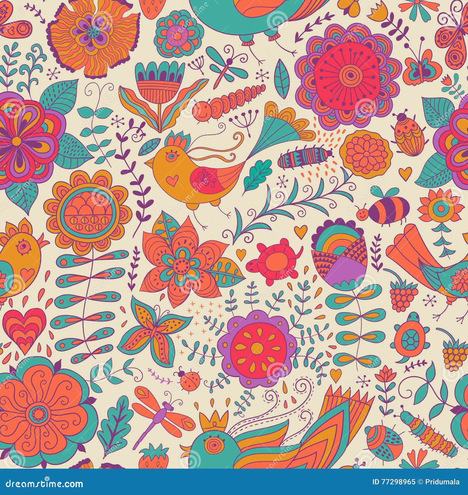 Colorful Seamless Botanic Texture, Detailed Flowers Illustrations Stock ...