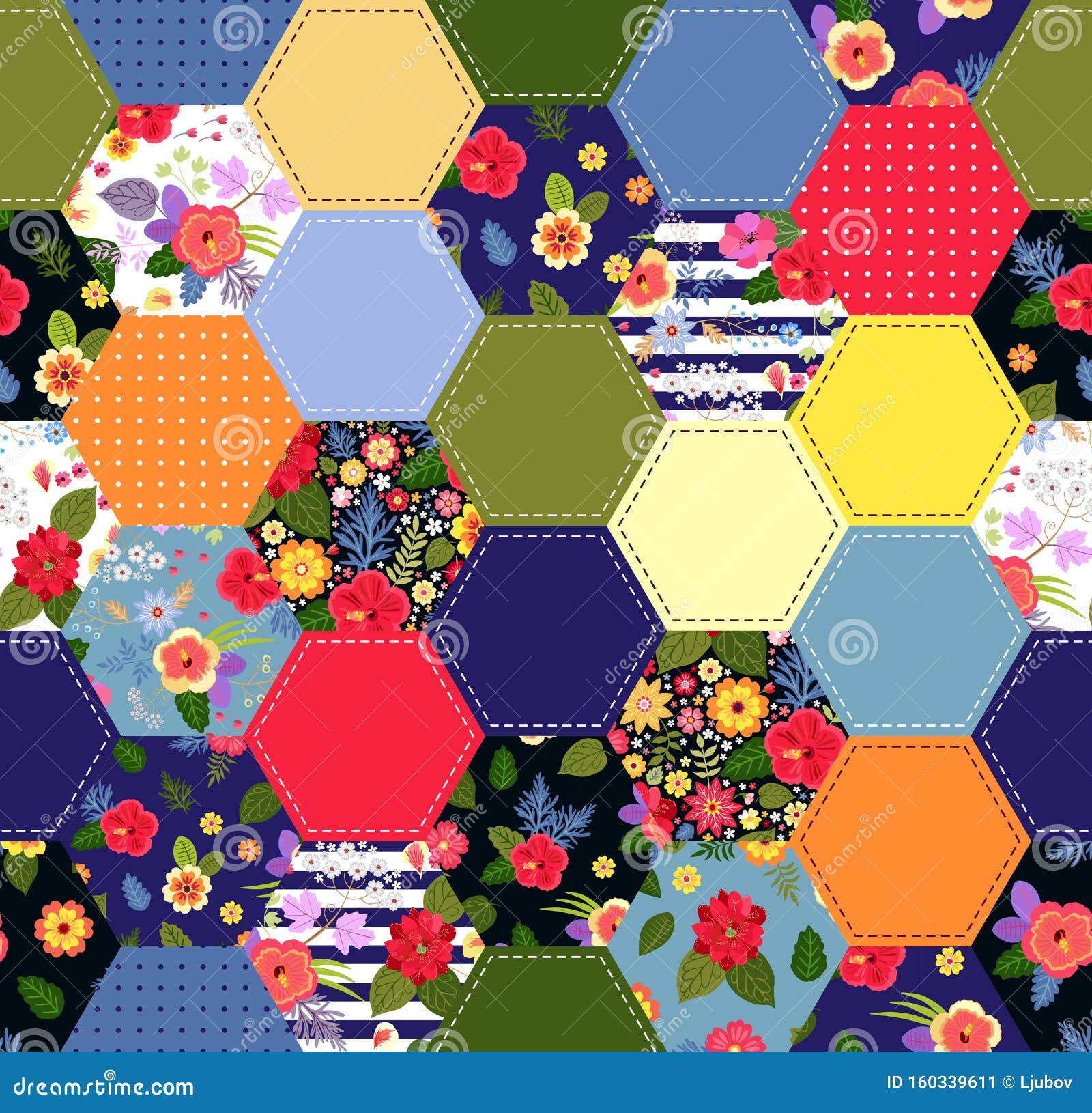 Colorful Seamless Patchwork Pattern with Bright Flowers. Trendy ...