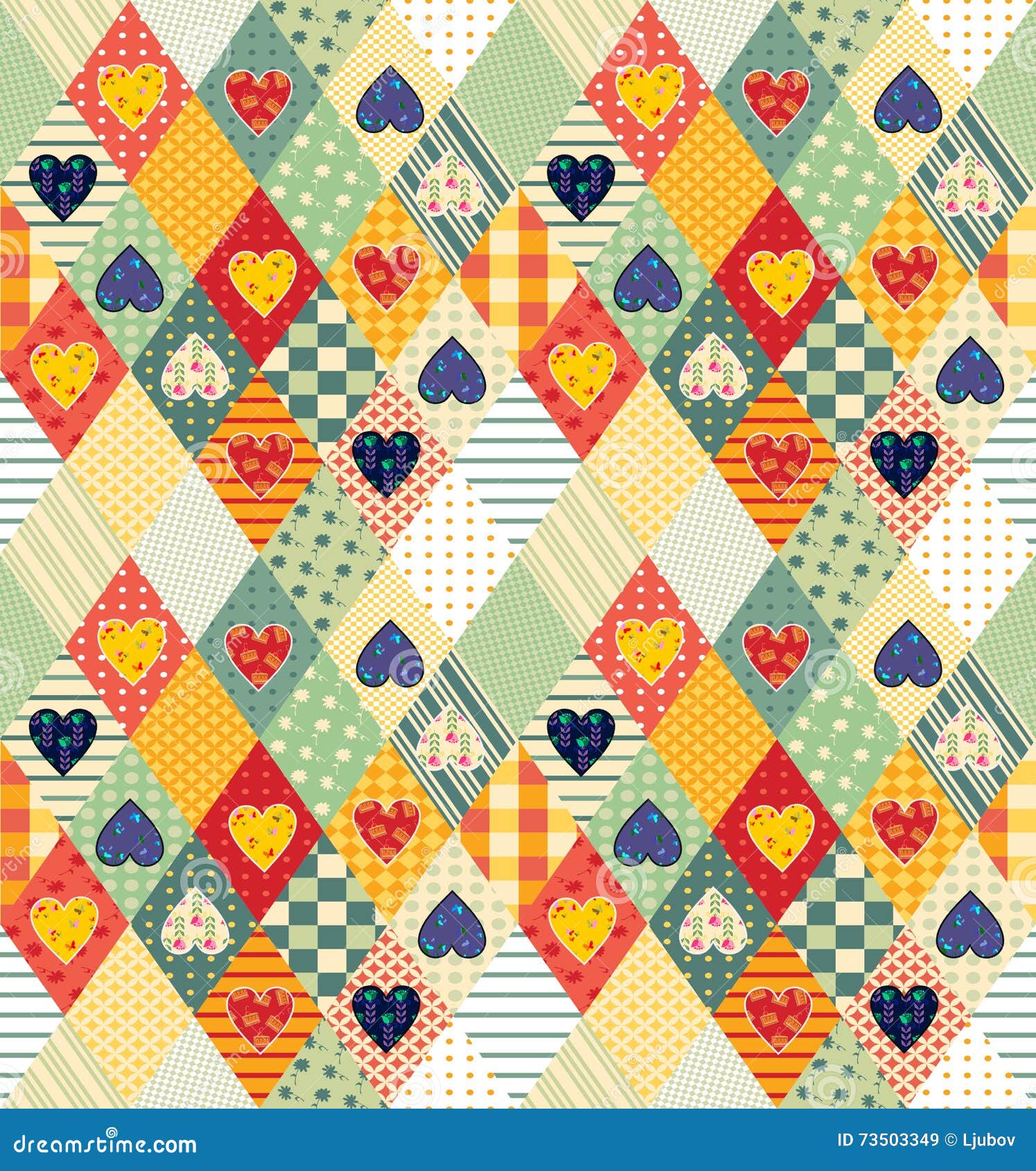Colorful Seamless Patchwork Pattern with Rhombuses and Hearts. Stock Vector - Illustration of ...