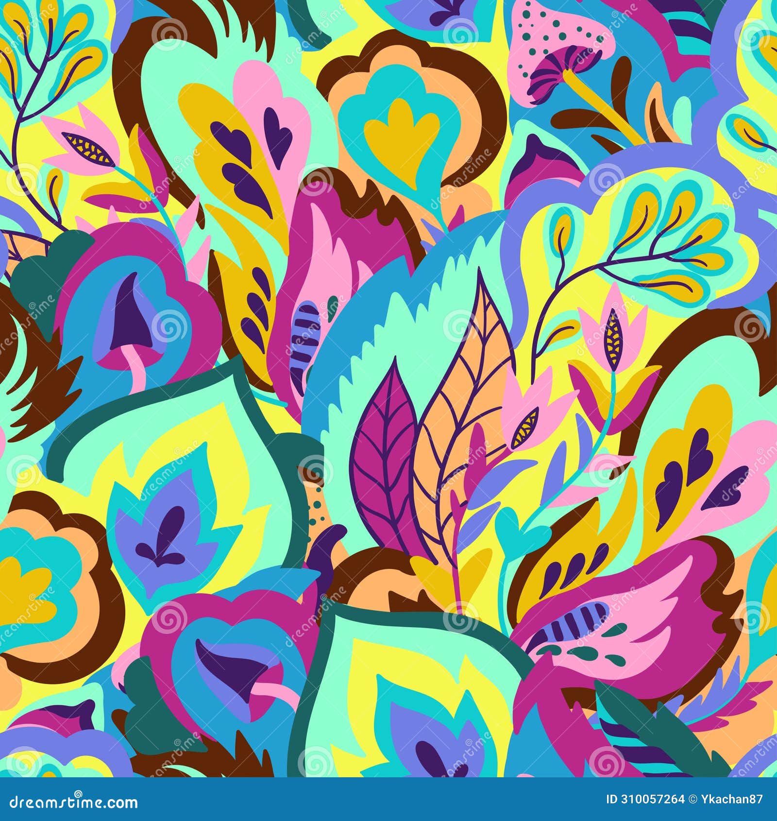 Colorful Seamless Pattern with Chaotic Floral and Psychedelic Abstract ...