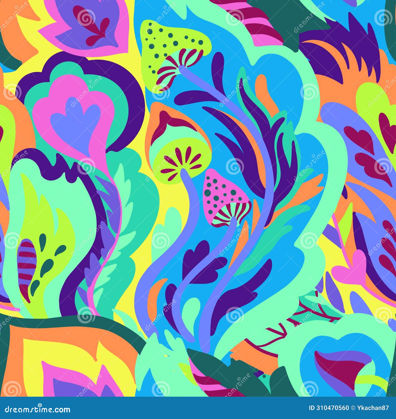 Colorful Seamless Pattern with Chaotic Floral and Psychedelic Abstract ...