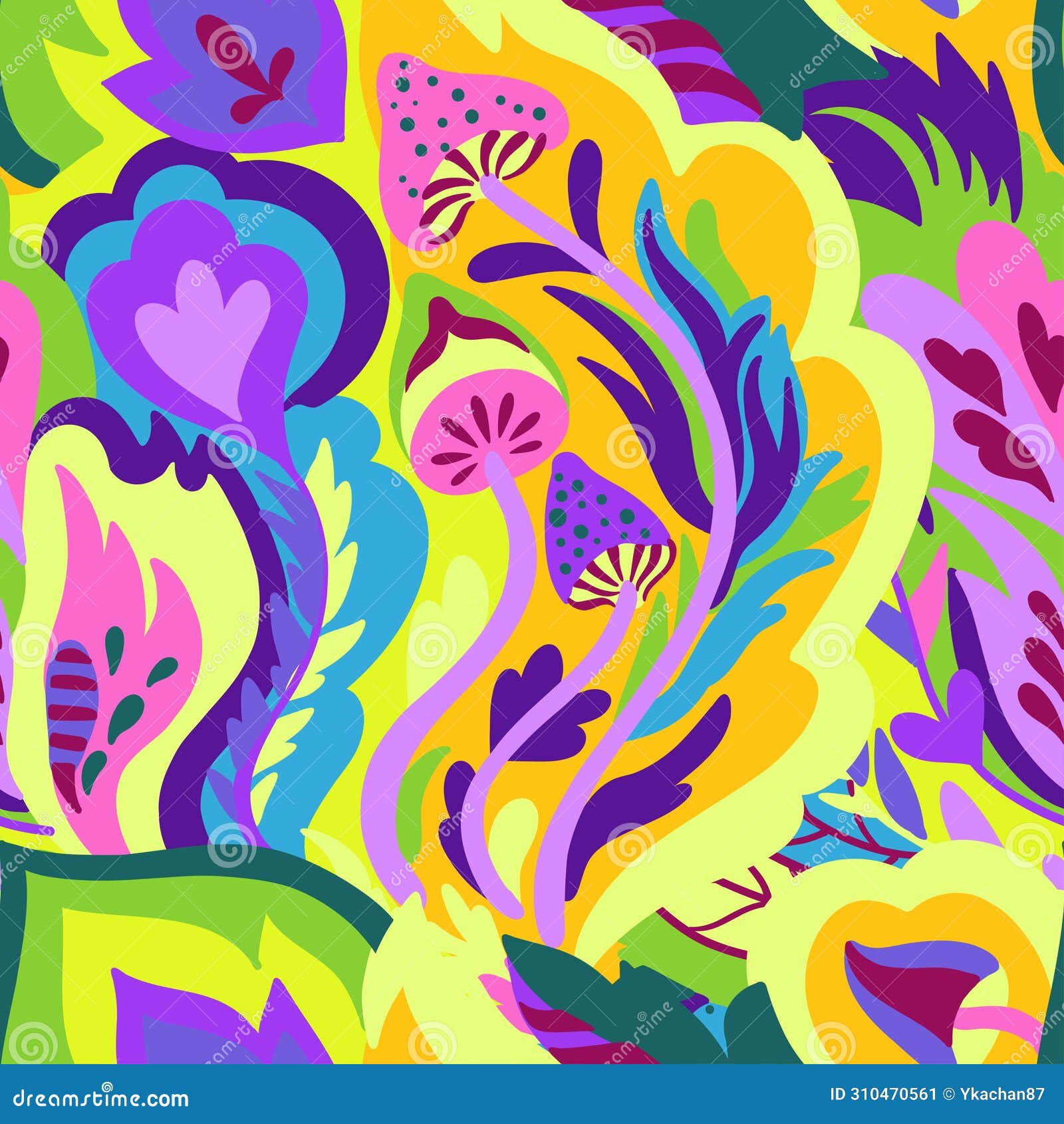 Colorful Seamless Pattern with Chaotic Floral and Psychedelic Abstract ...