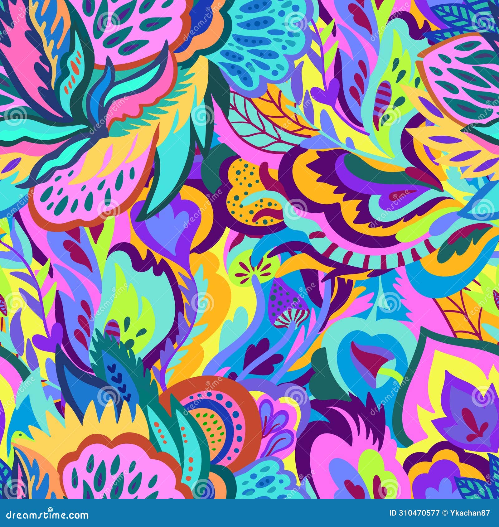 Colorful Seamless Pattern with Chaotic Floral and Psychedelic Abstract ...