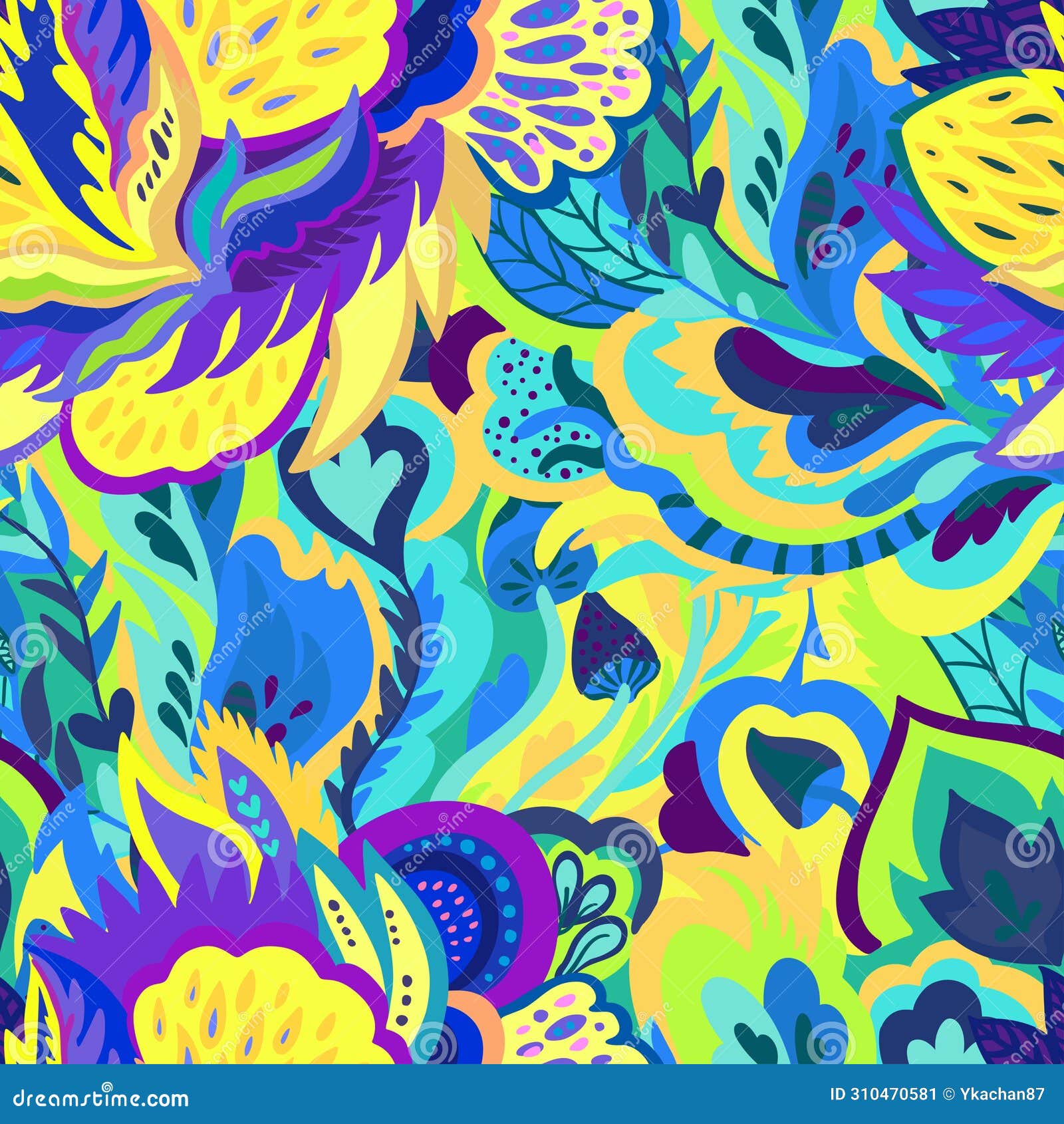 Colorful Seamless Pattern with Chaotic Floral and Psychedelic Abstract ...