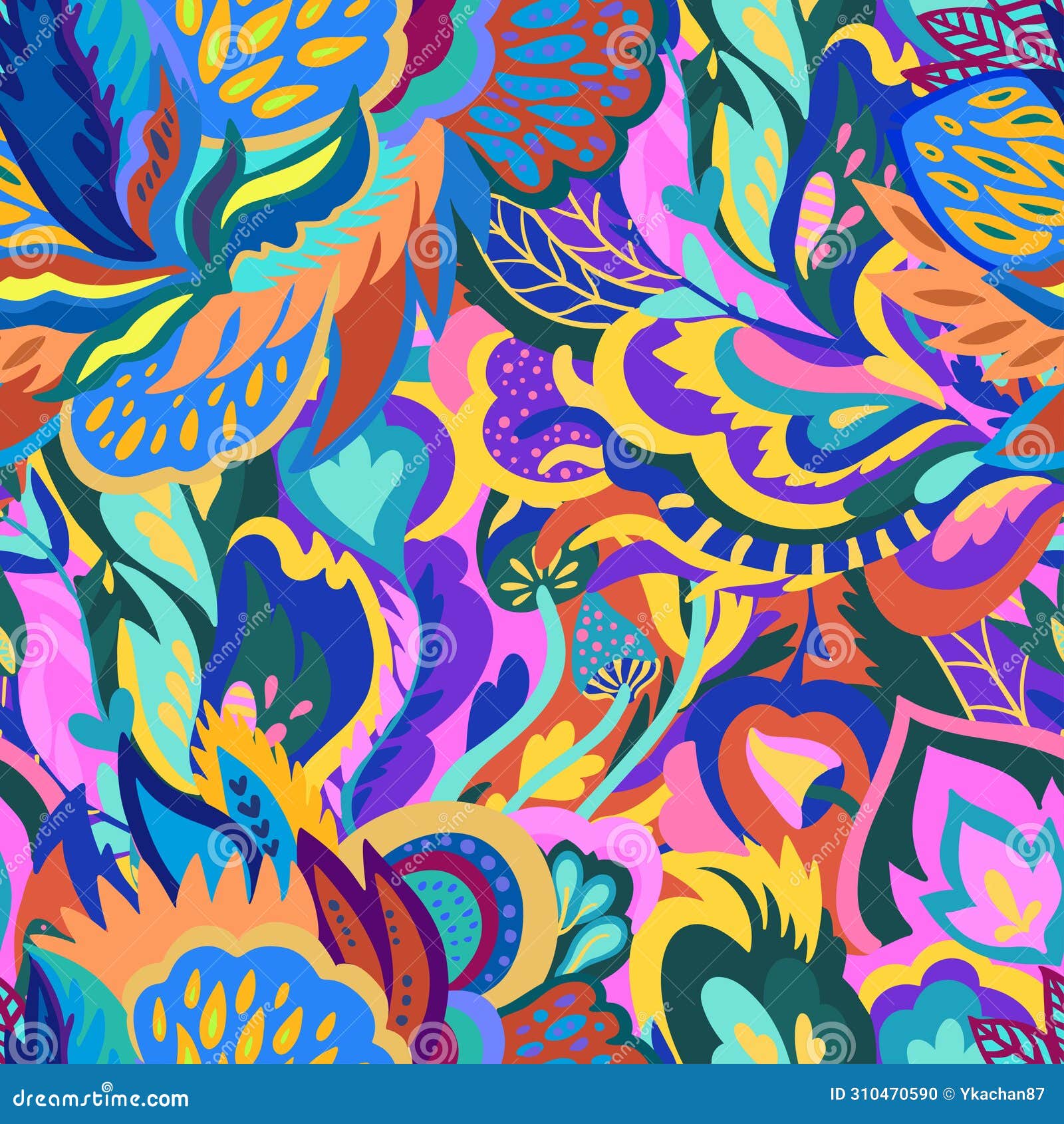 Colorful Seamless Pattern with Chaotic Floral and Psychedelic Abstract ...