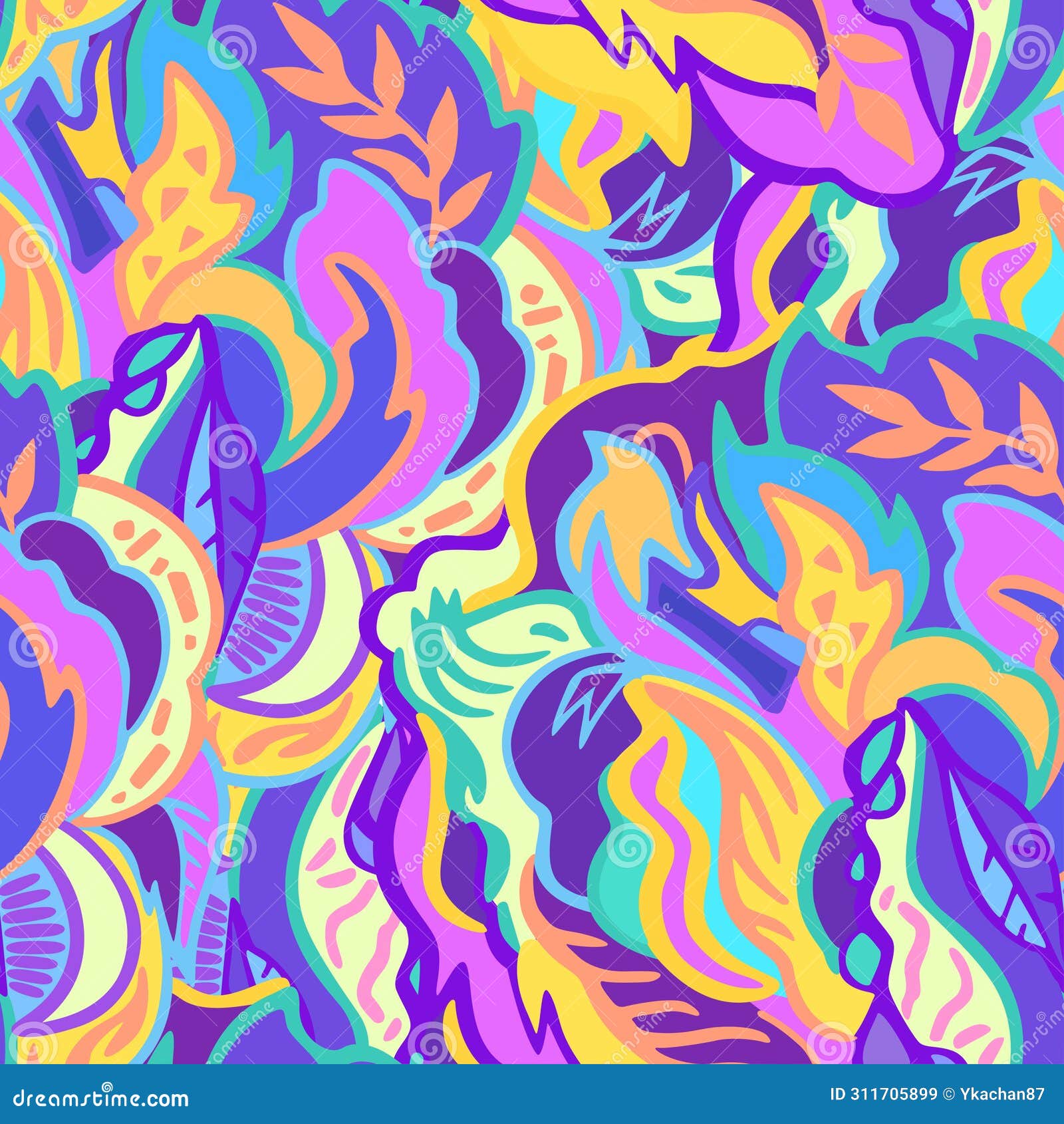 Colorful Seamless Pattern with Chaotic Floral and Psychedelic Abstract ...