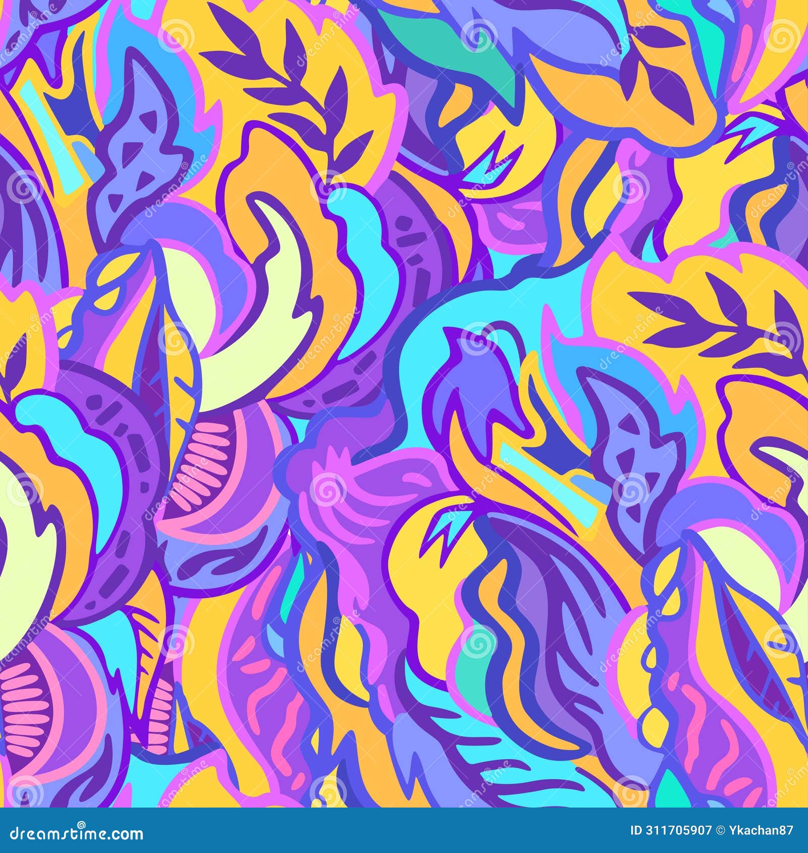 Colorful Seamless Pattern with Chaotic Floral and Psychedelic Abstract ...