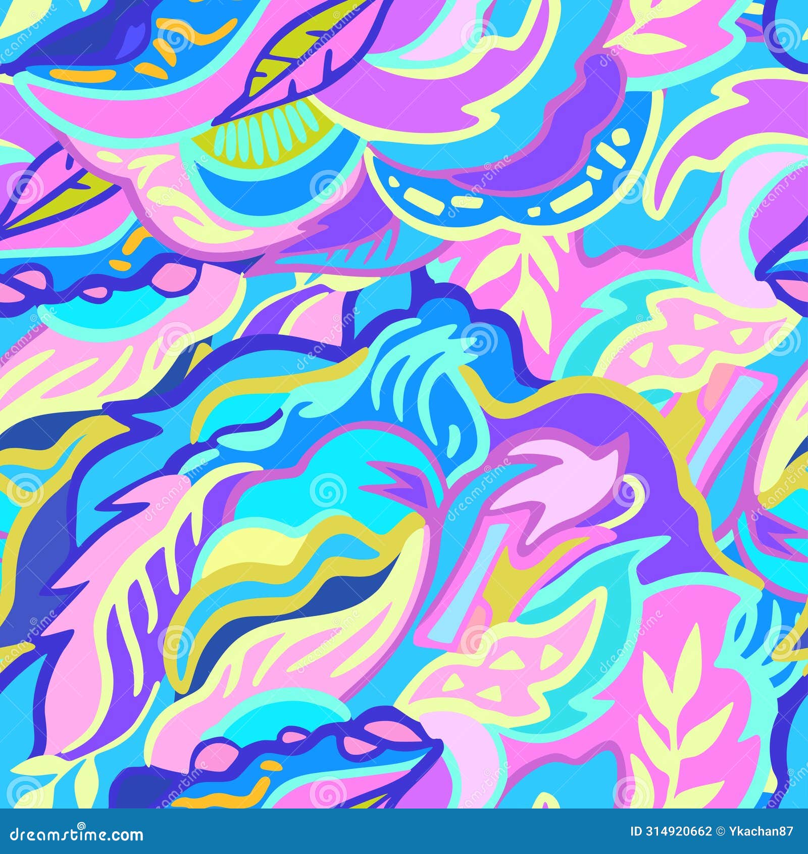 Colorful Seamless Pattern with Chaotic Floral and Psychedelic Abstract ...