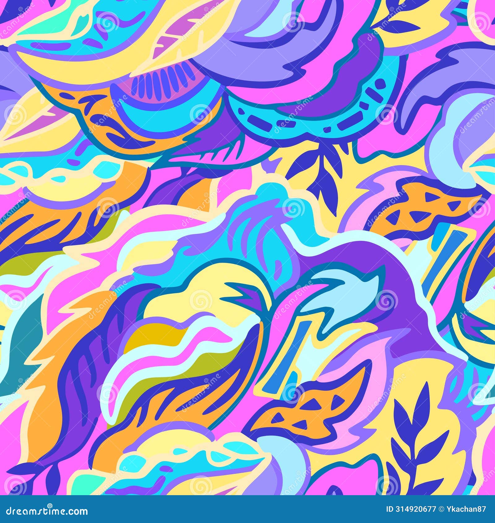 Colorful Seamless Pattern with Chaotic Floral and Psychedelic Abstract ...