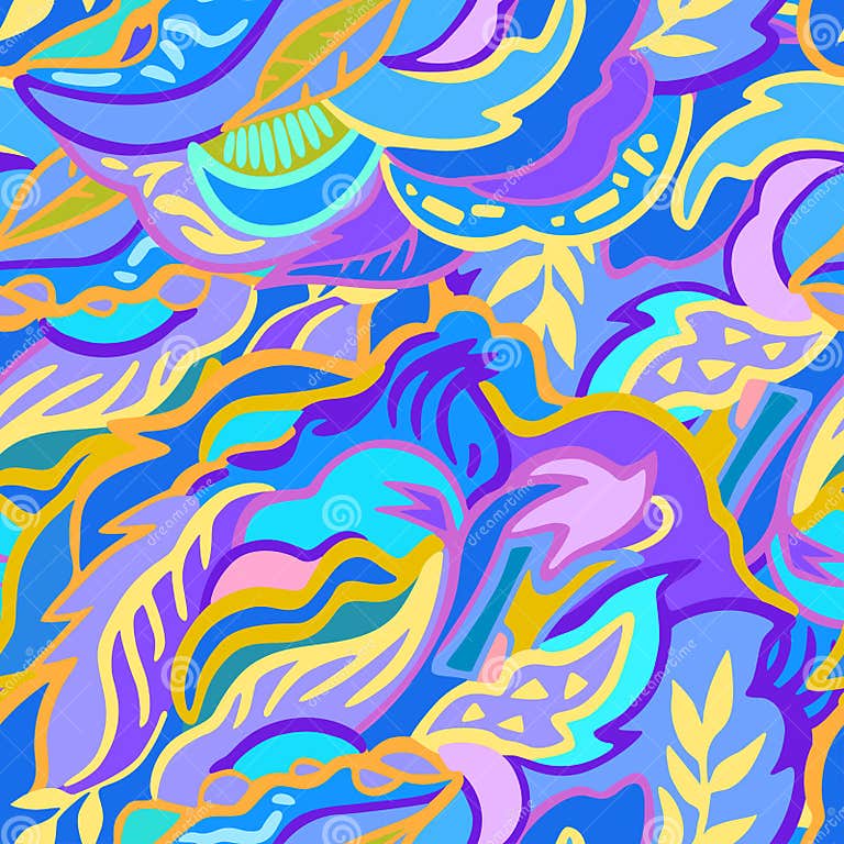 Colorful Seamless Pattern with Chaotic Floral and Psychedelic Abstract ...