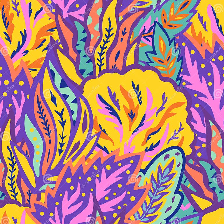 Colorful Seamless Pattern with Chaotic Floral and Psychedelic Abstract ...