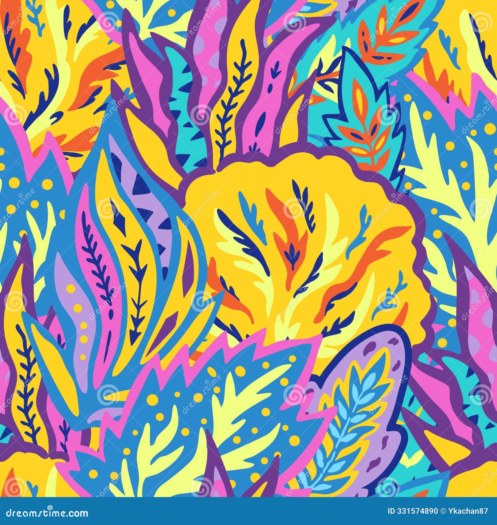 Colorful Seamless Pattern with Chaotic Floral and Psychedelic Abstract ...