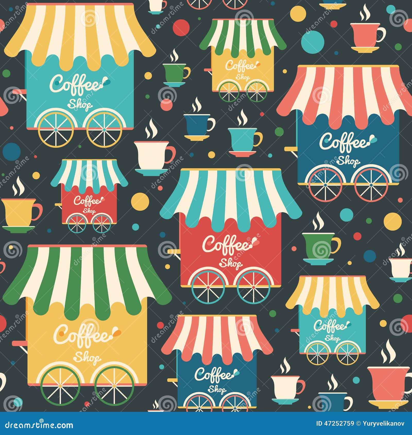 Colorful Seamless Pattern with Coffee Shops and Cups. Stock Vector ...