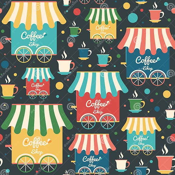 Colorful Seamless Pattern with Coffee Shops and Cups. Stock Vector ...