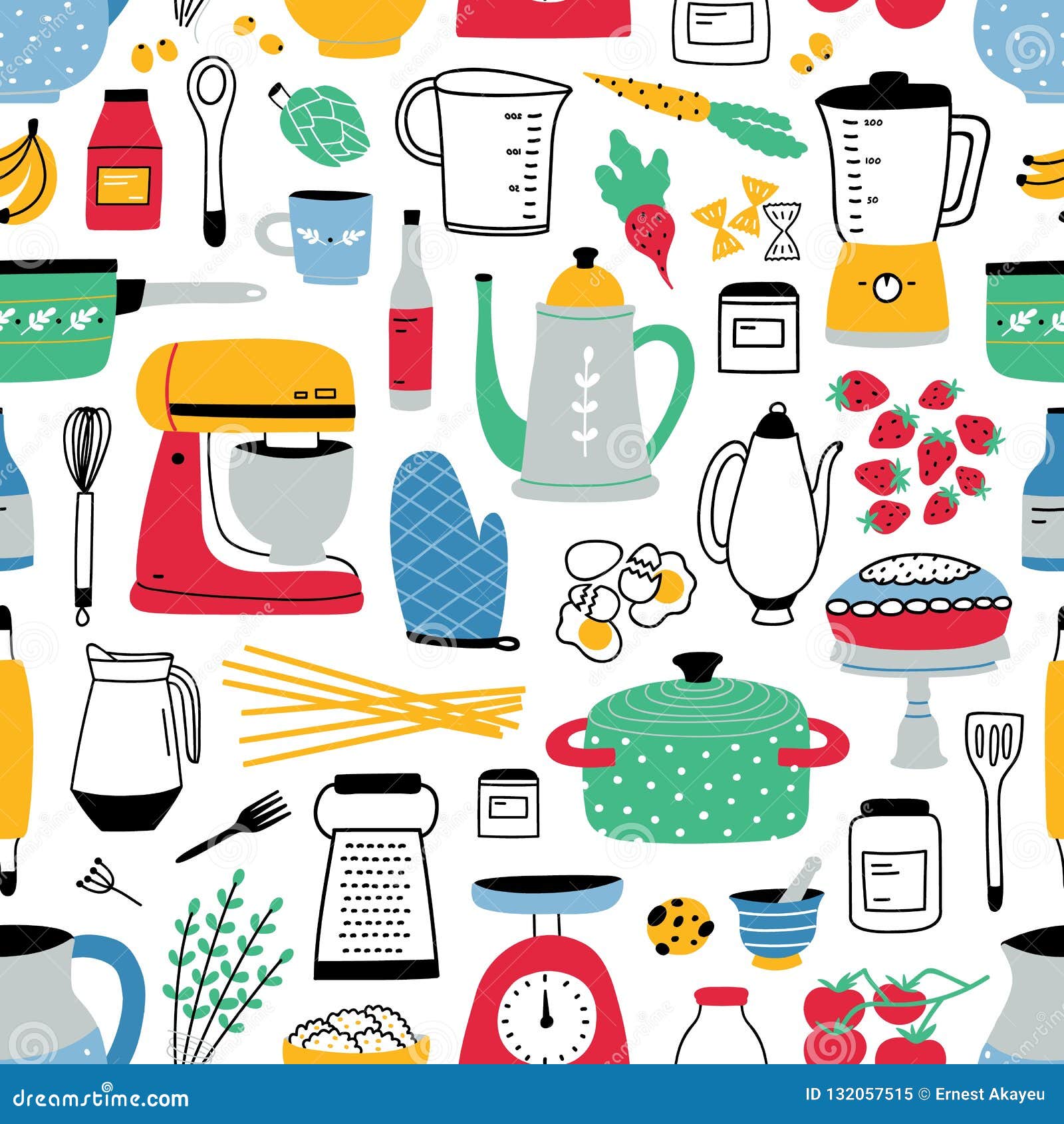 Colorful Seamless Pattern with Cooking Tools on White Background ...