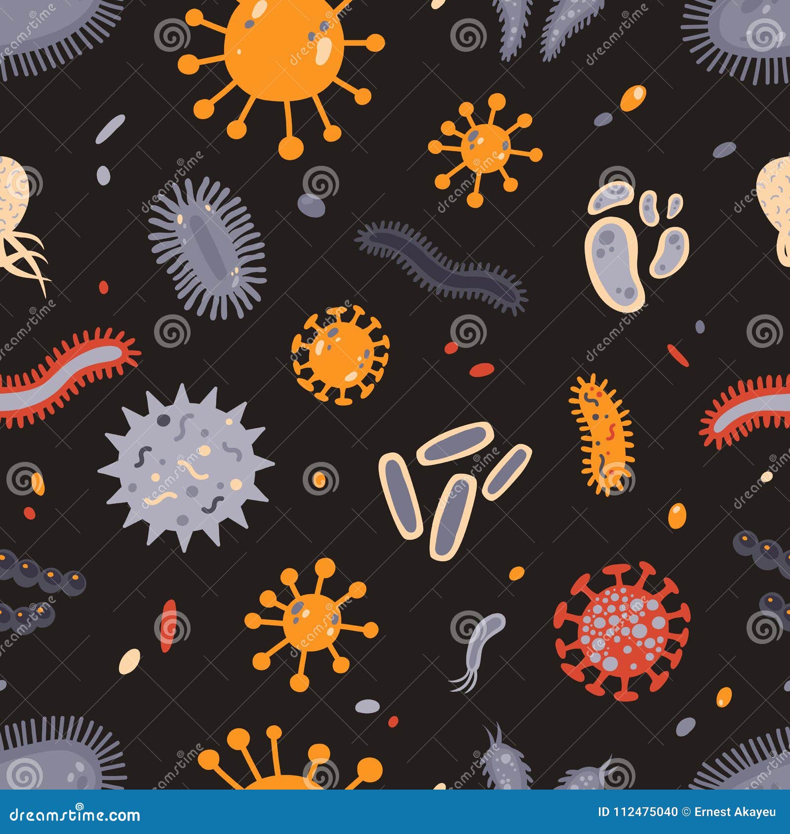 Colorful Seamless Pattern with Different Microscopic Organisms on Black ...