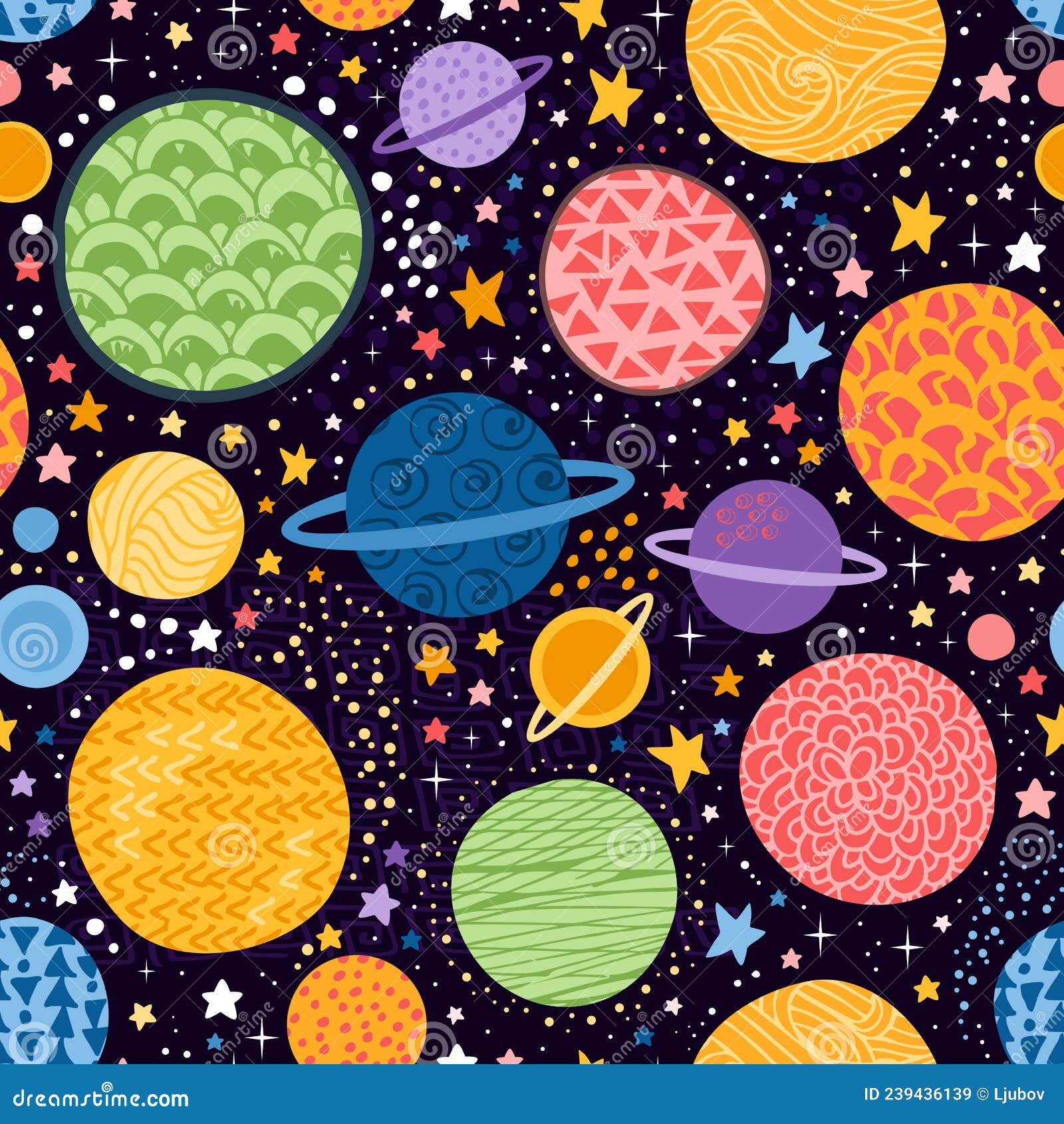 Colorful Seamless Pattern with Different Planets and Stars in Space ...