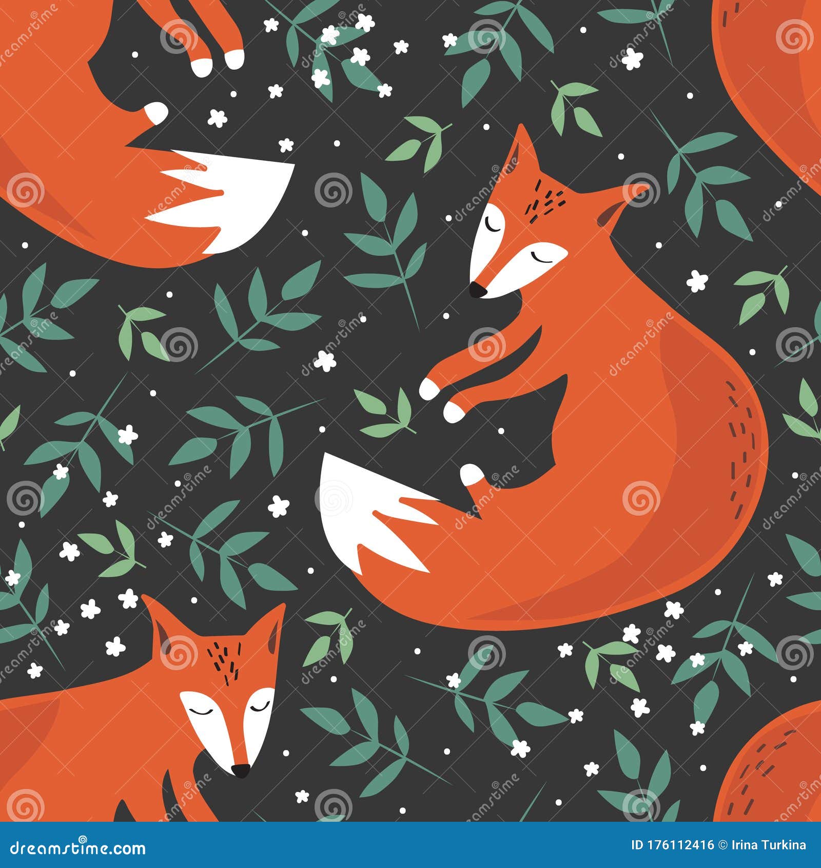 Colorful Seamless Pattern with Foxes, Leaves. Decorative Cute ...