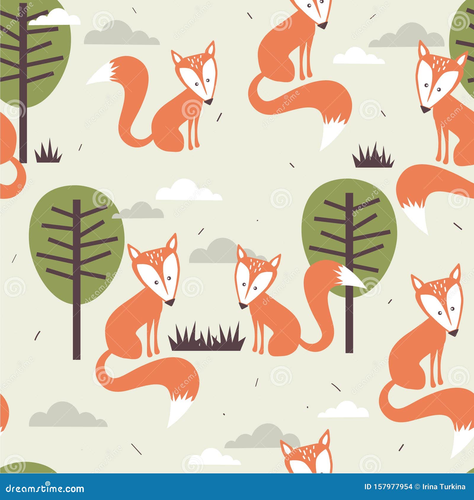 Colorful Seamless Pattern with Foxes, Trees. Decorative Cute Background ...