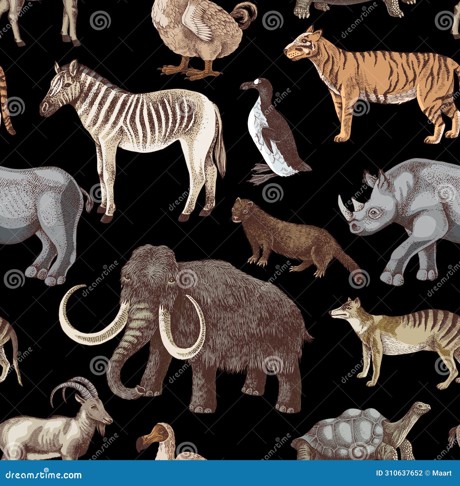 Seamless Pattern with Hand Drawn Extinct Animals Stock Illustration ...