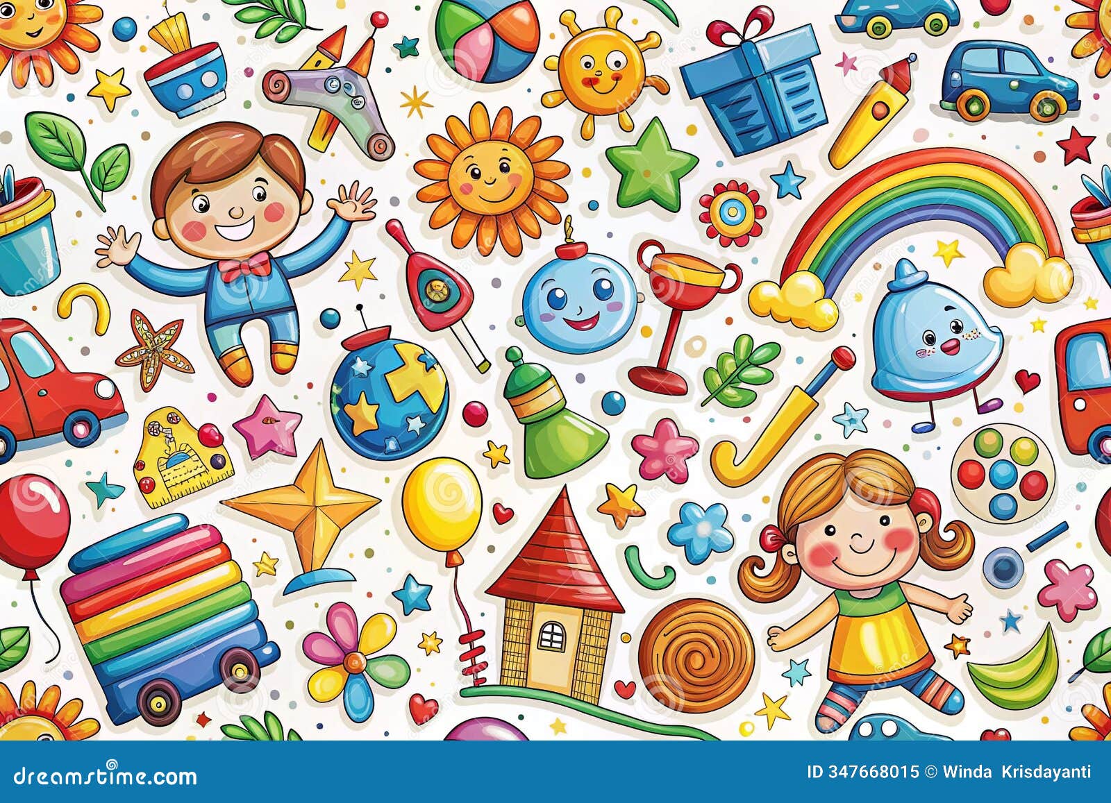 Colorful Seamless Pattern with Happy Kids, Toys, and Cheerful Objects ...
