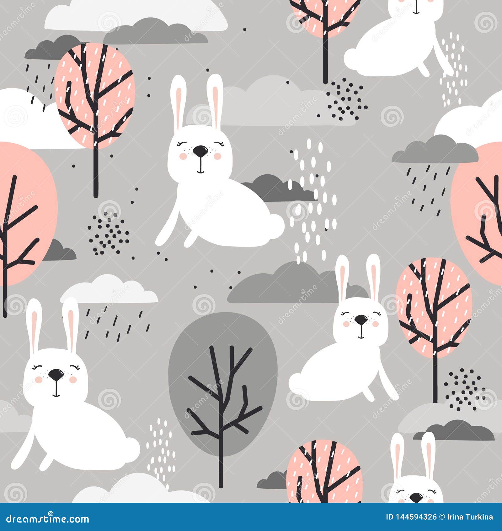 Colorful Seamless Pattern, Rabbits, Trees and Clouds. Decorative Cute ...