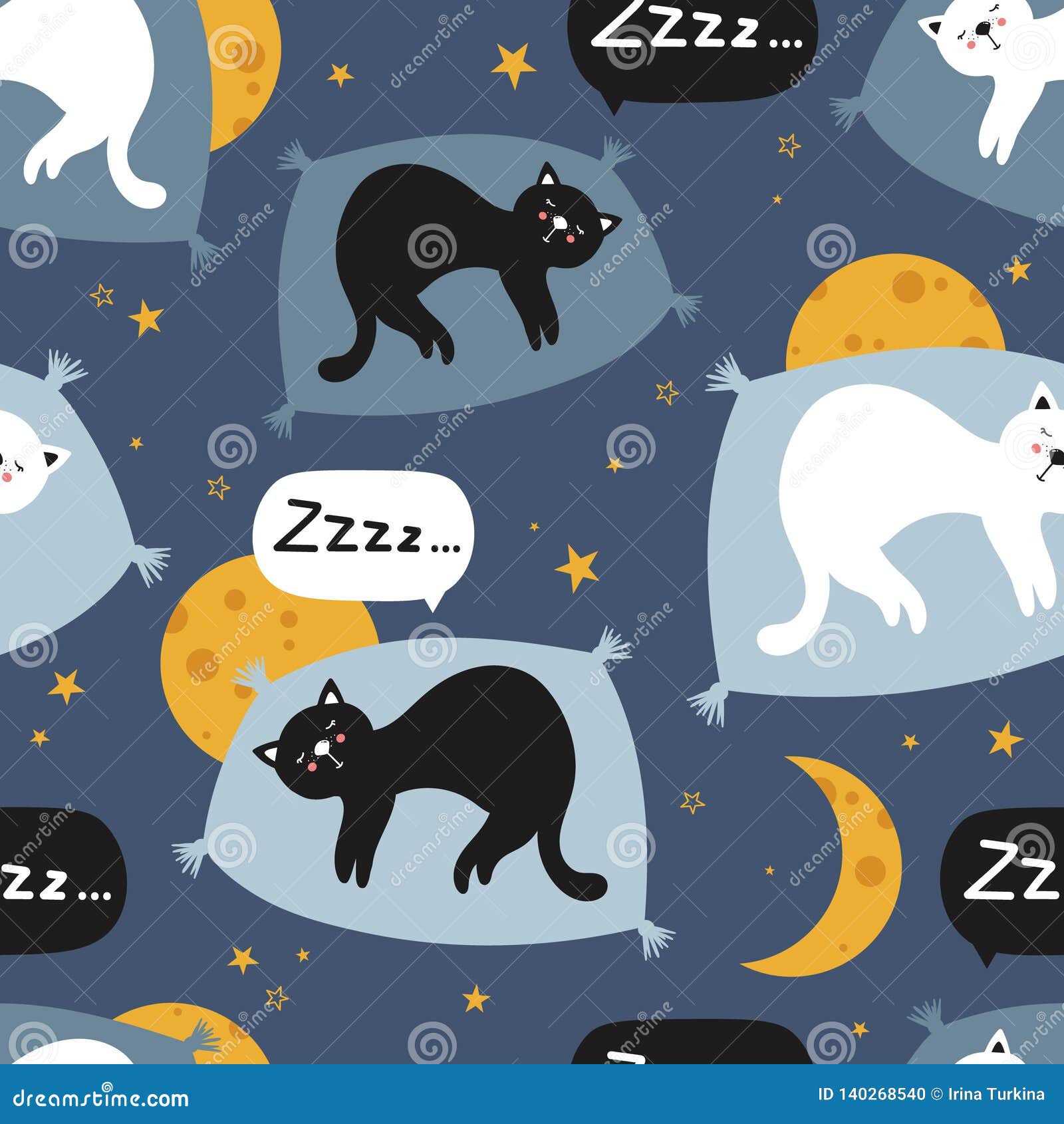 Colorful Seamless Pattern with Sleeping Cats, Moons, Stars Stock Vector ...