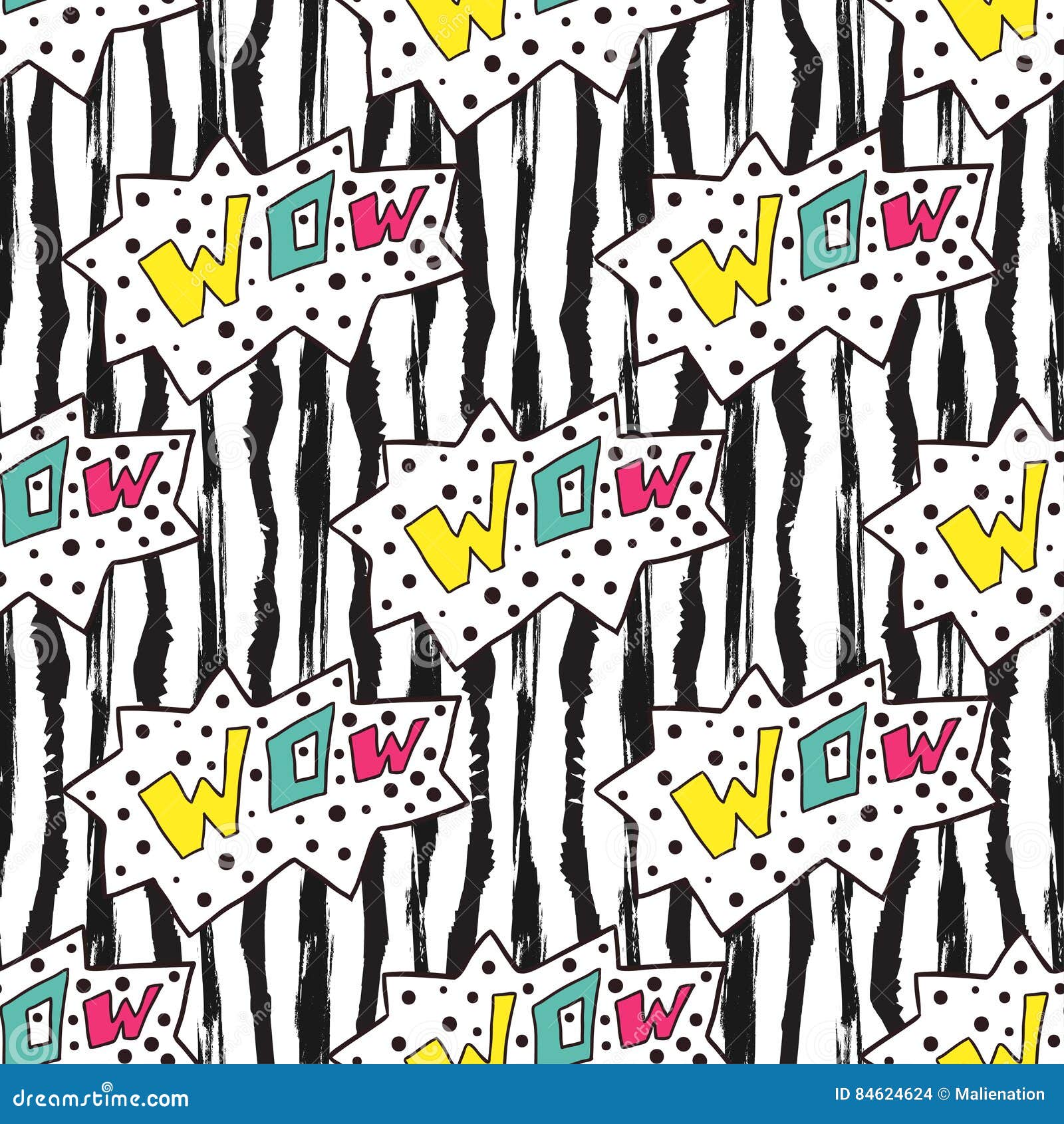 Colorful Seamless Pattern on Striped Backdrop. Wow Lettering in Comic ...