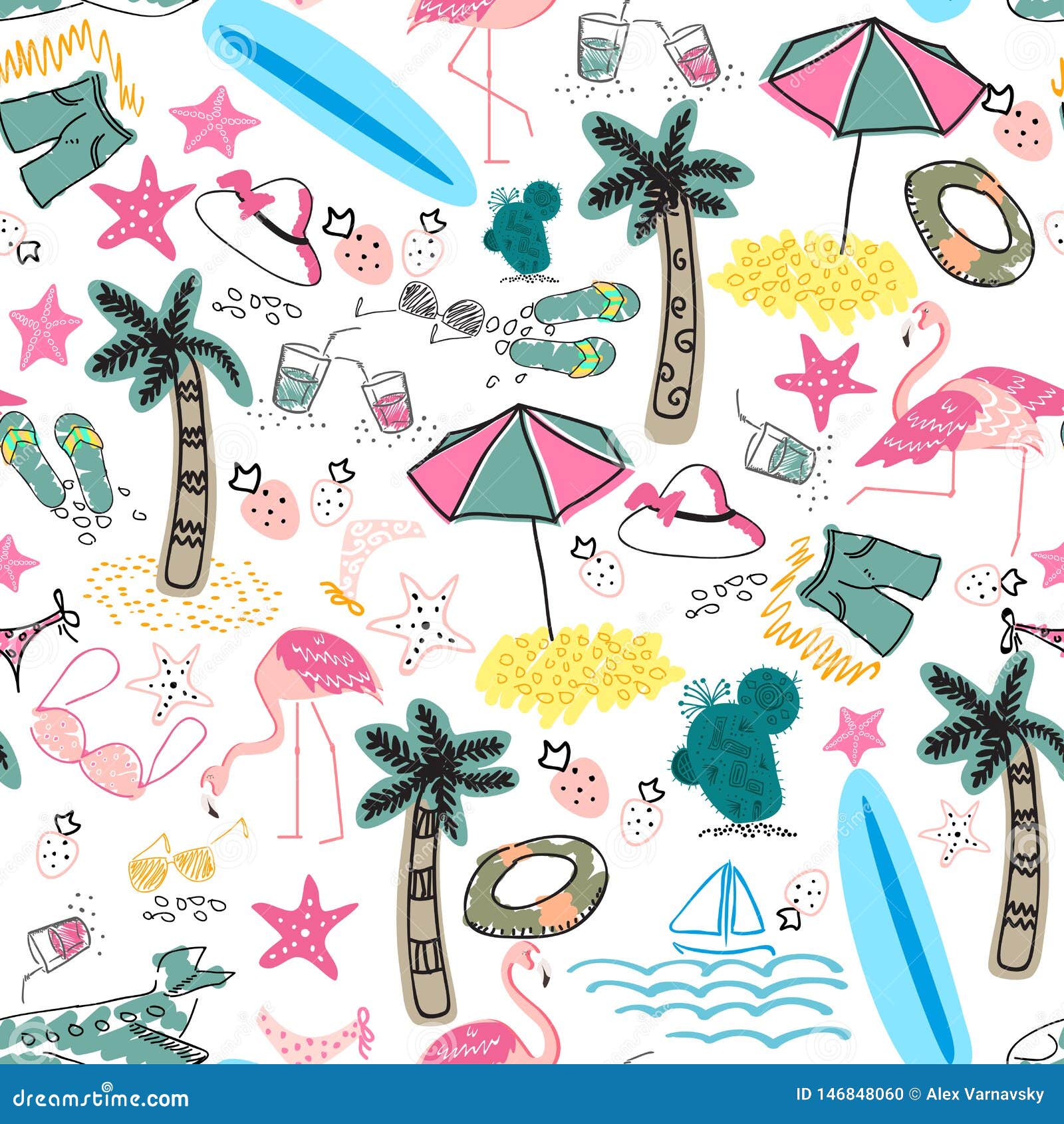 Colorful Seamless Summer Pattern with Hand Drawn Beach Elements Stock ...