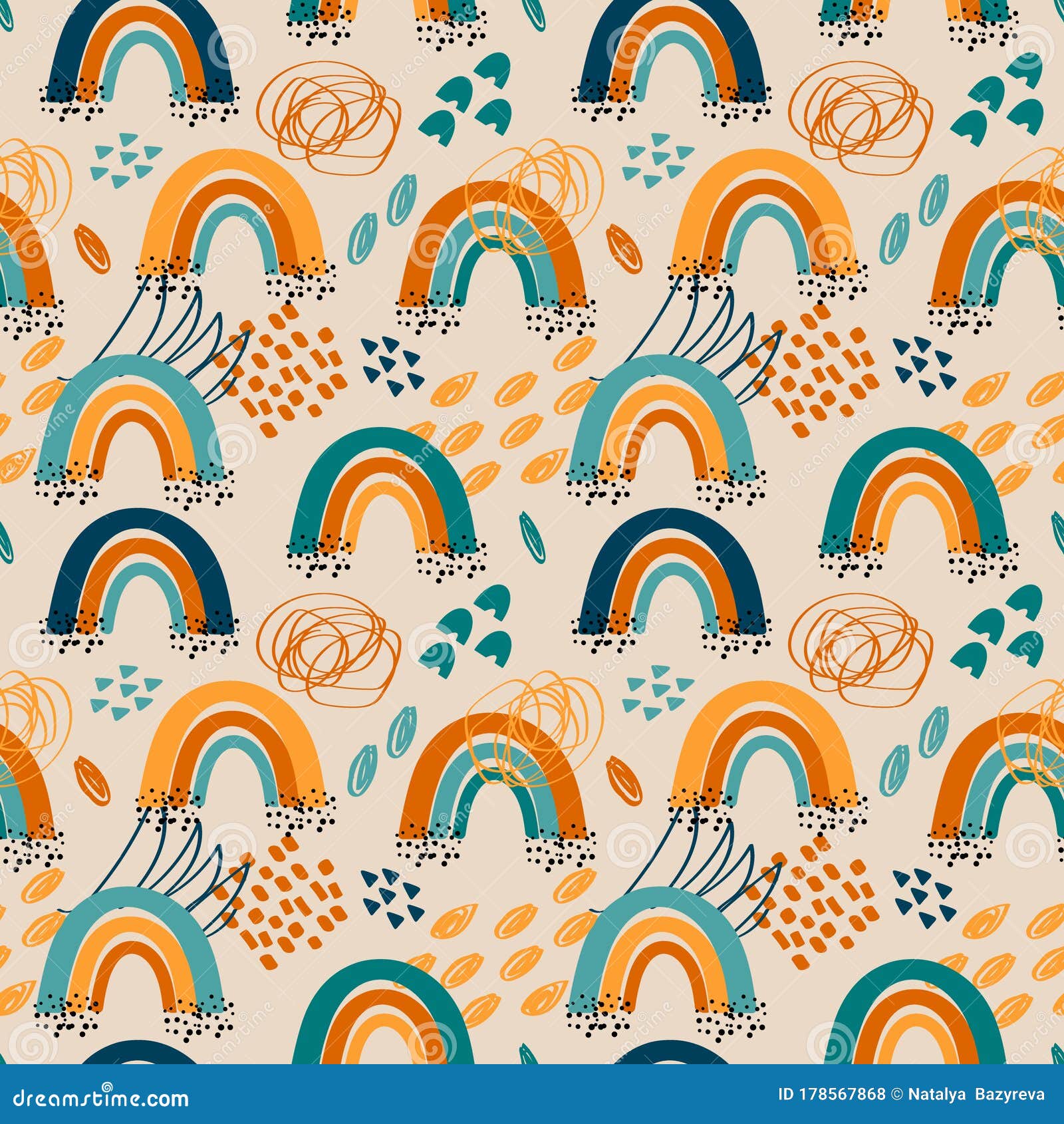 Colorful Seamless Vector Pattern with Hand Drawn Rainbows Stock ...